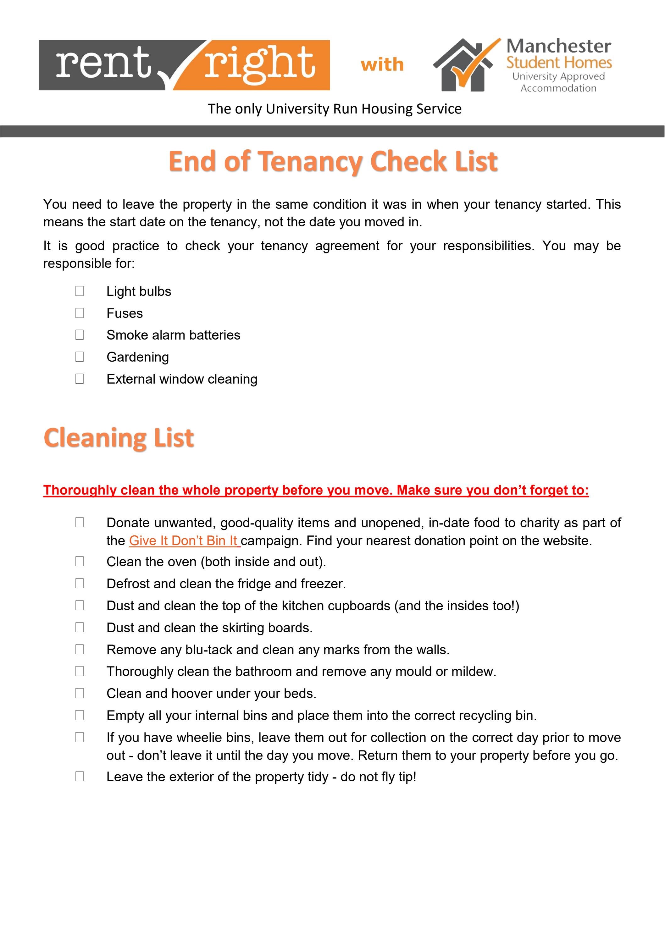 Rent Right - End of Tenancy Check List by Manchester Student Homes - Issuu