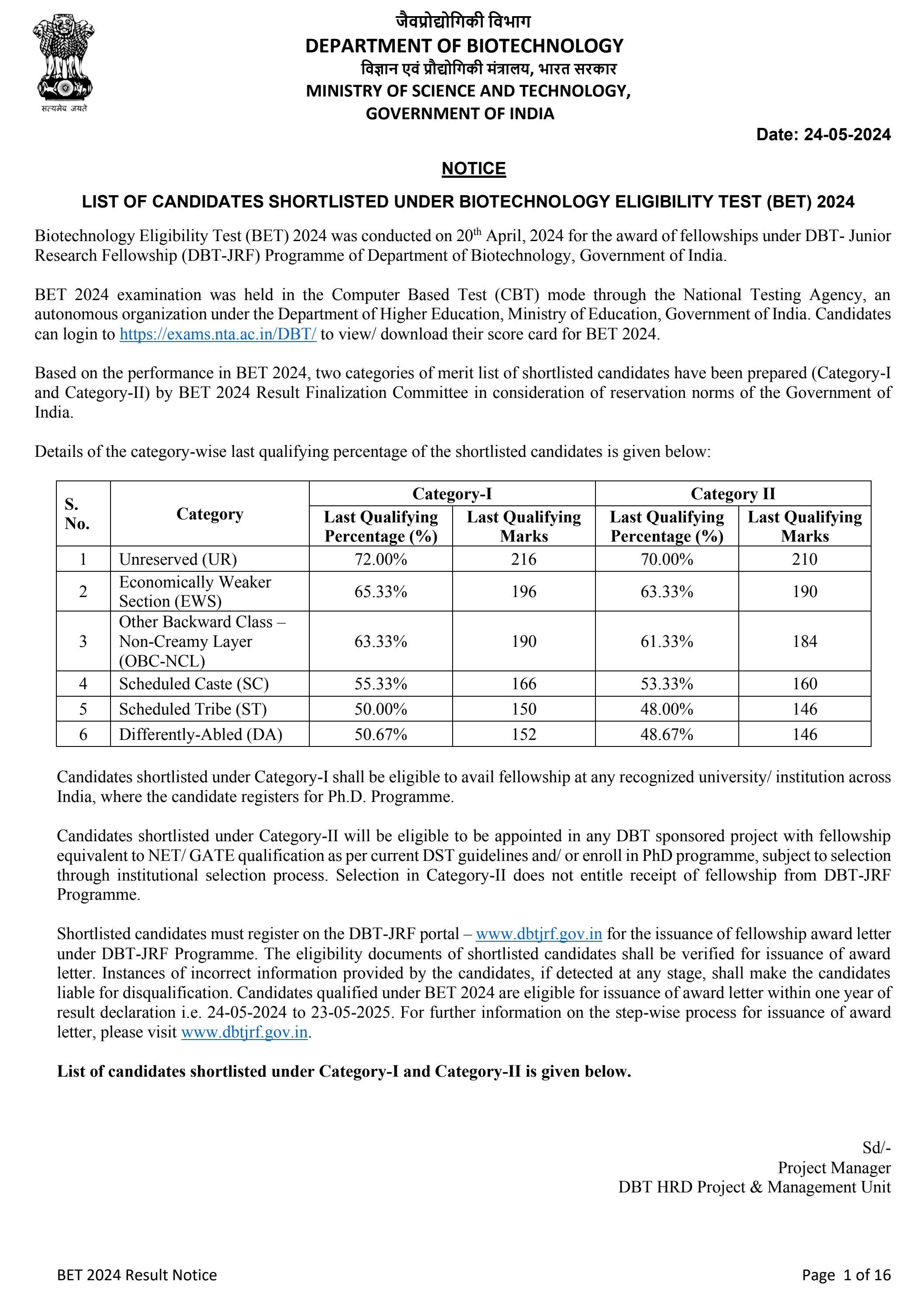 DBT-JRF BET 2024 Results Declared - Check Out Details Below! by ...