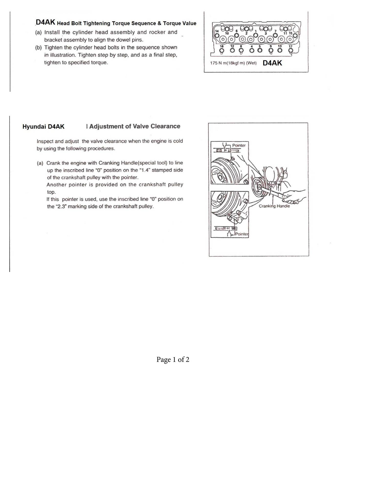 Hyundai D4AK Head Bolt Torque Sequence, Torque Value, Valve Adjusting ...