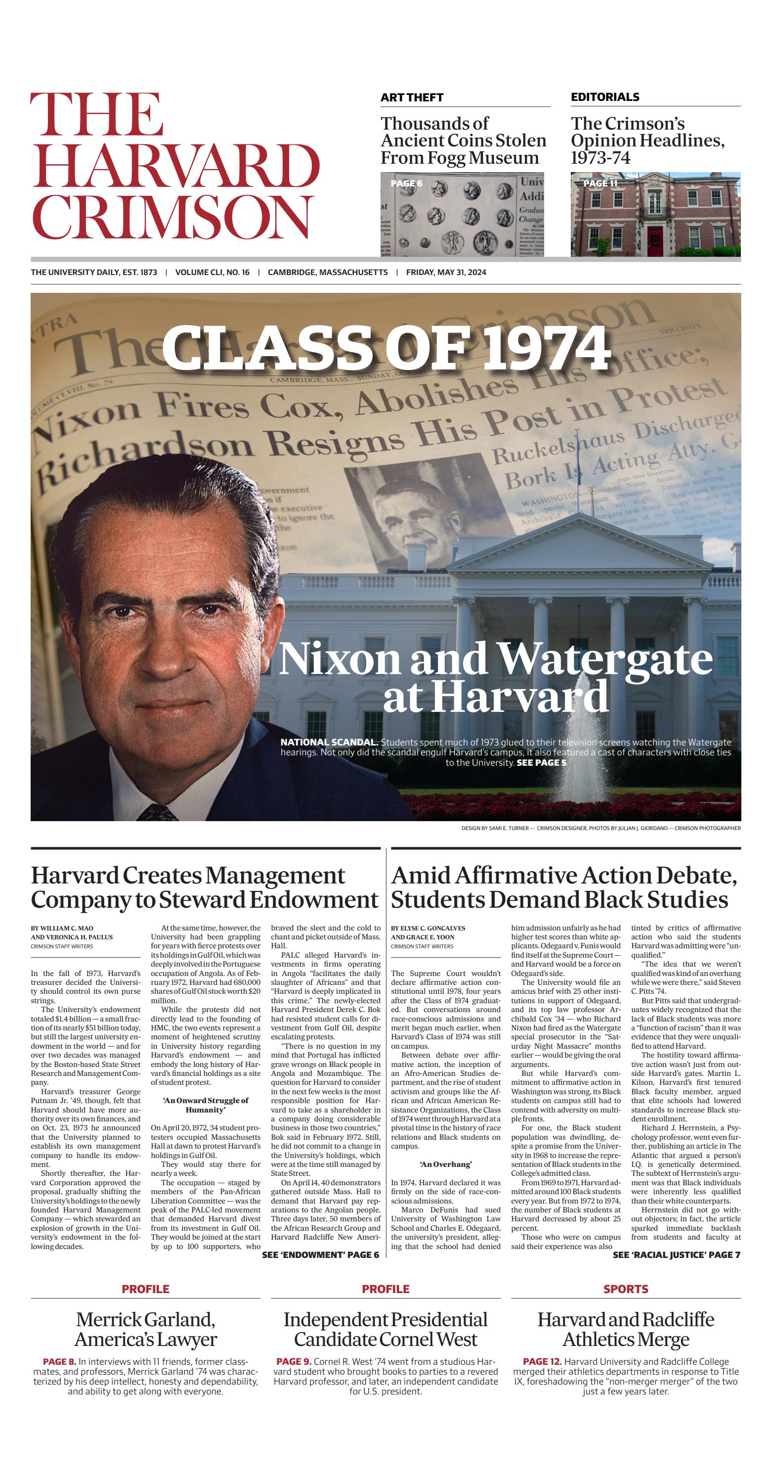 The Harvard Crimson - Volume CLI, No. 16: 50th Reunion, Class of 1974 ...