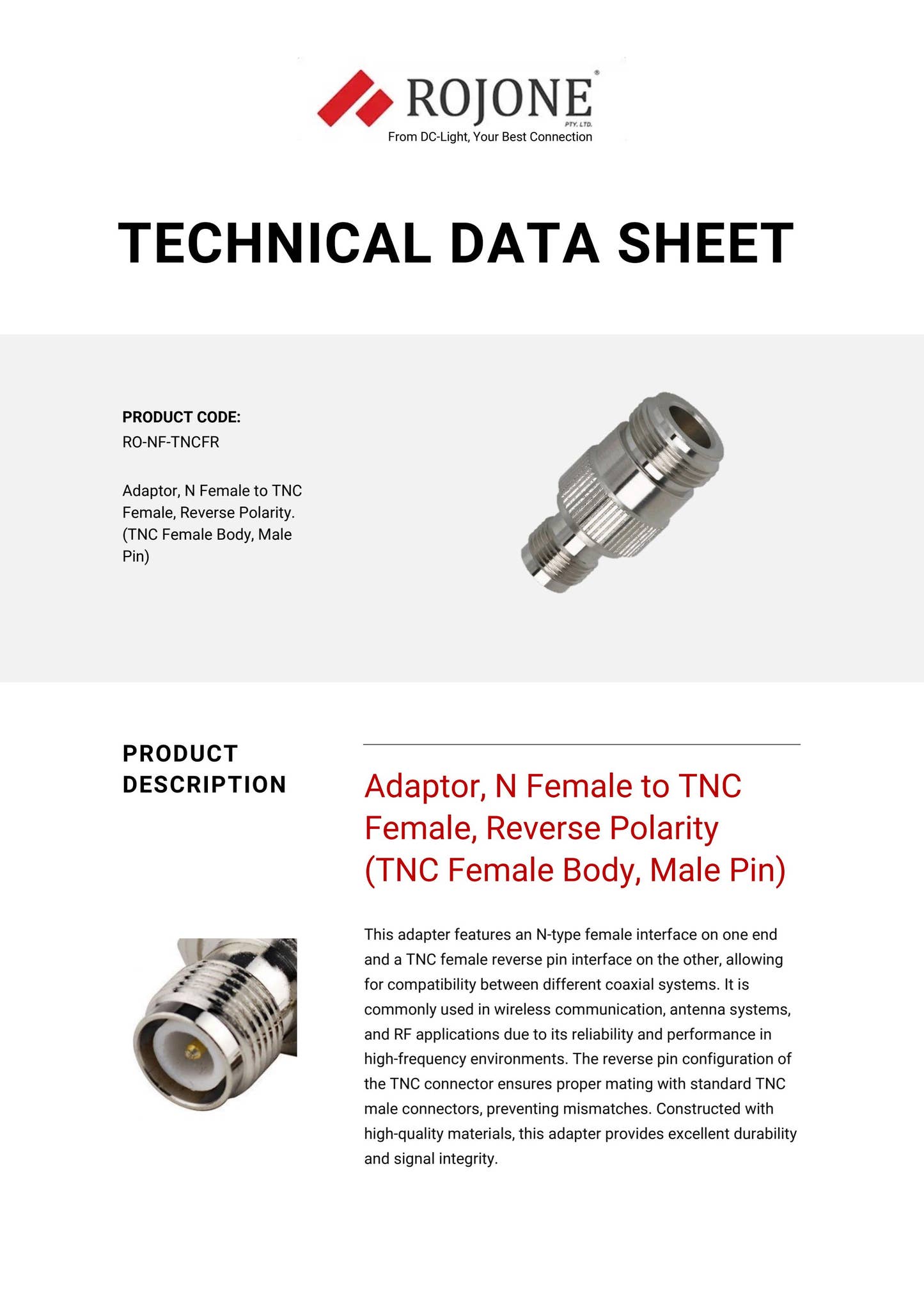 Rojone RO-NF-TNCFR Adapter Datasheet by Rojone Pty Ltd - Issuu