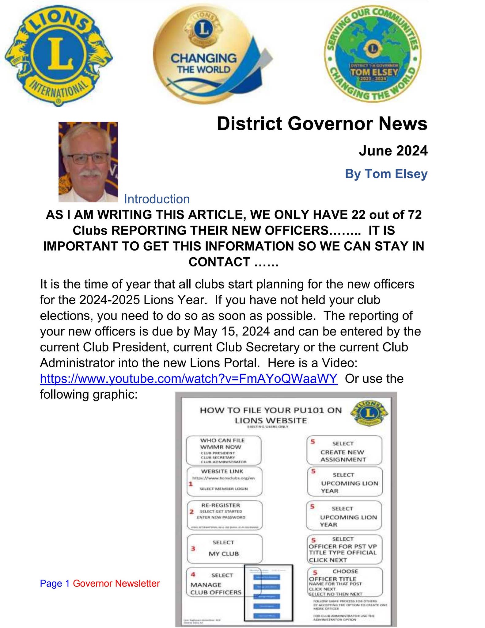 District 1A Governor Tom Elsey's Newsletter, June 2024 by Dr. Austin ...