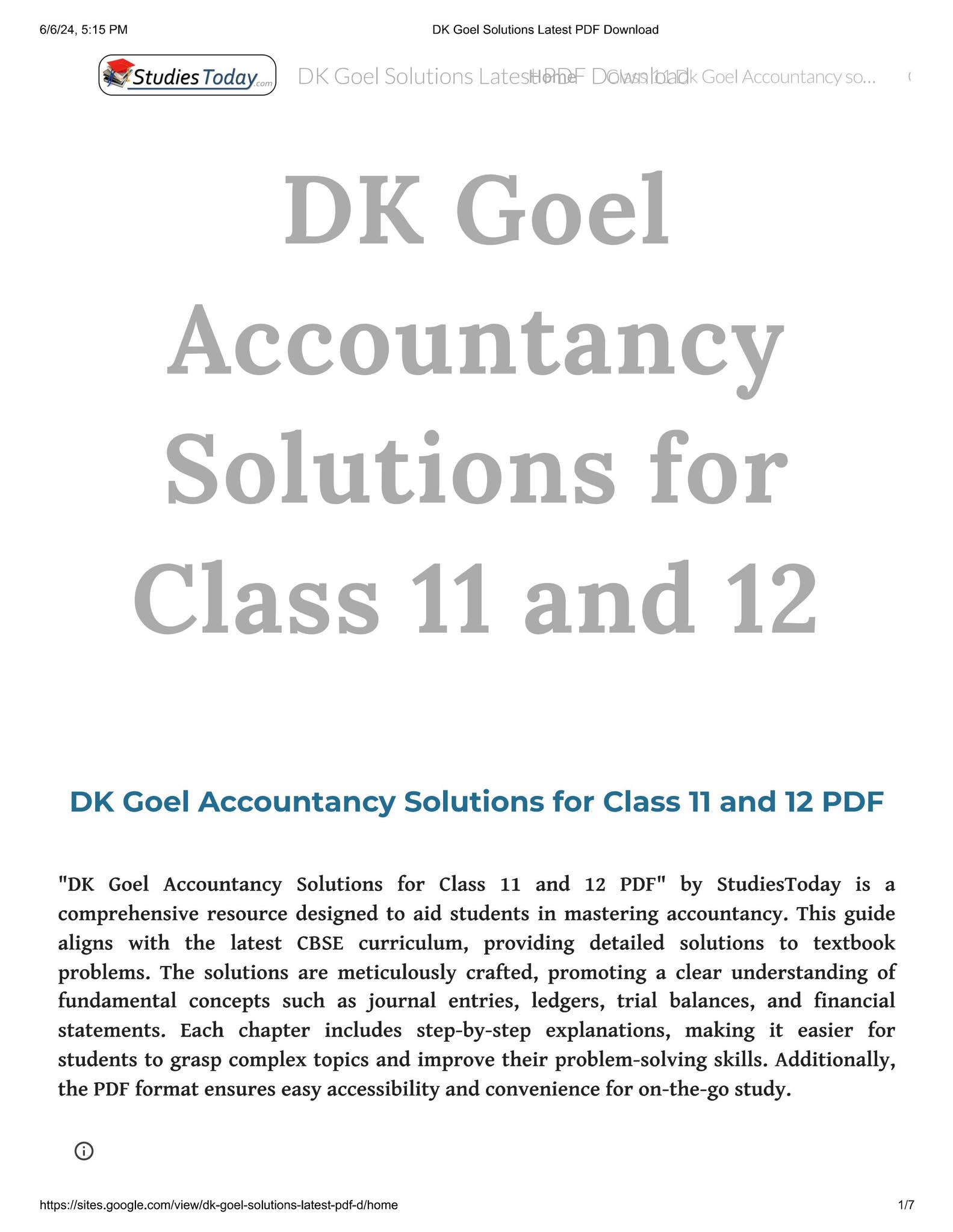DK Goel Accountancy Solutions for Class 11 and 12 PDF by Studies Today ...