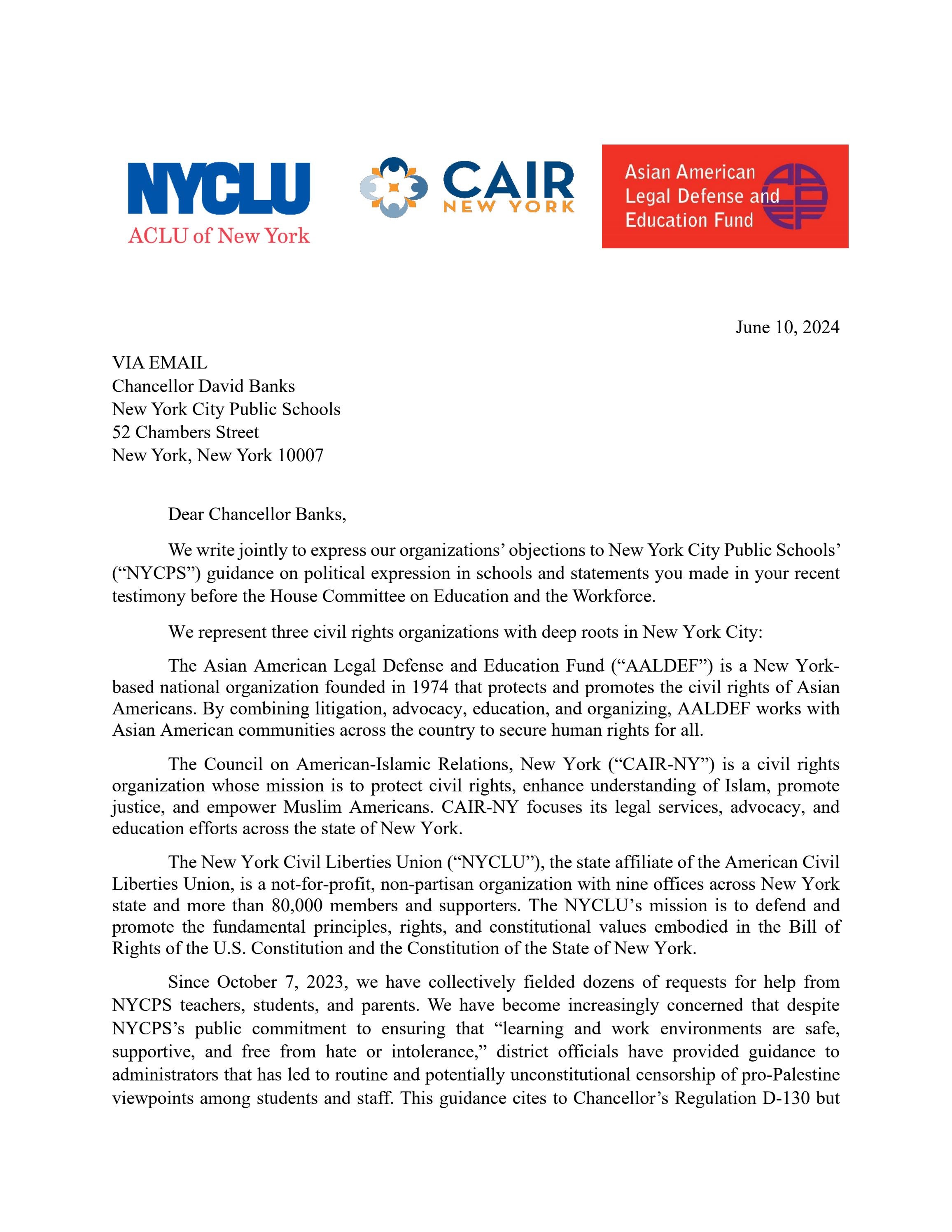Letter from AALDEF, CAIR-NY, and NYCLU Regarding NYCPS Guidance by cair ...