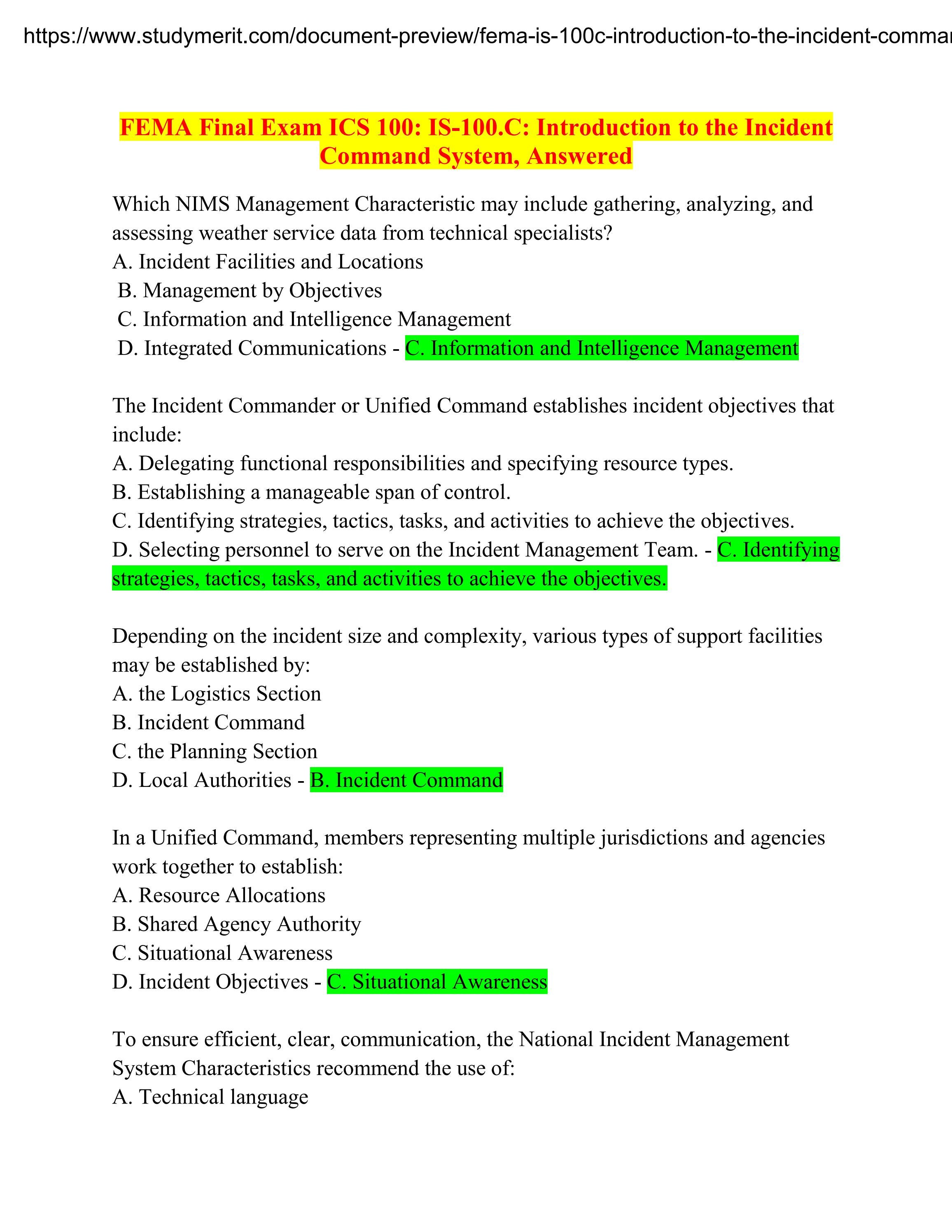 FEMA IS-100.C: Introduction to the Incident Command 100% VERIFIED ...