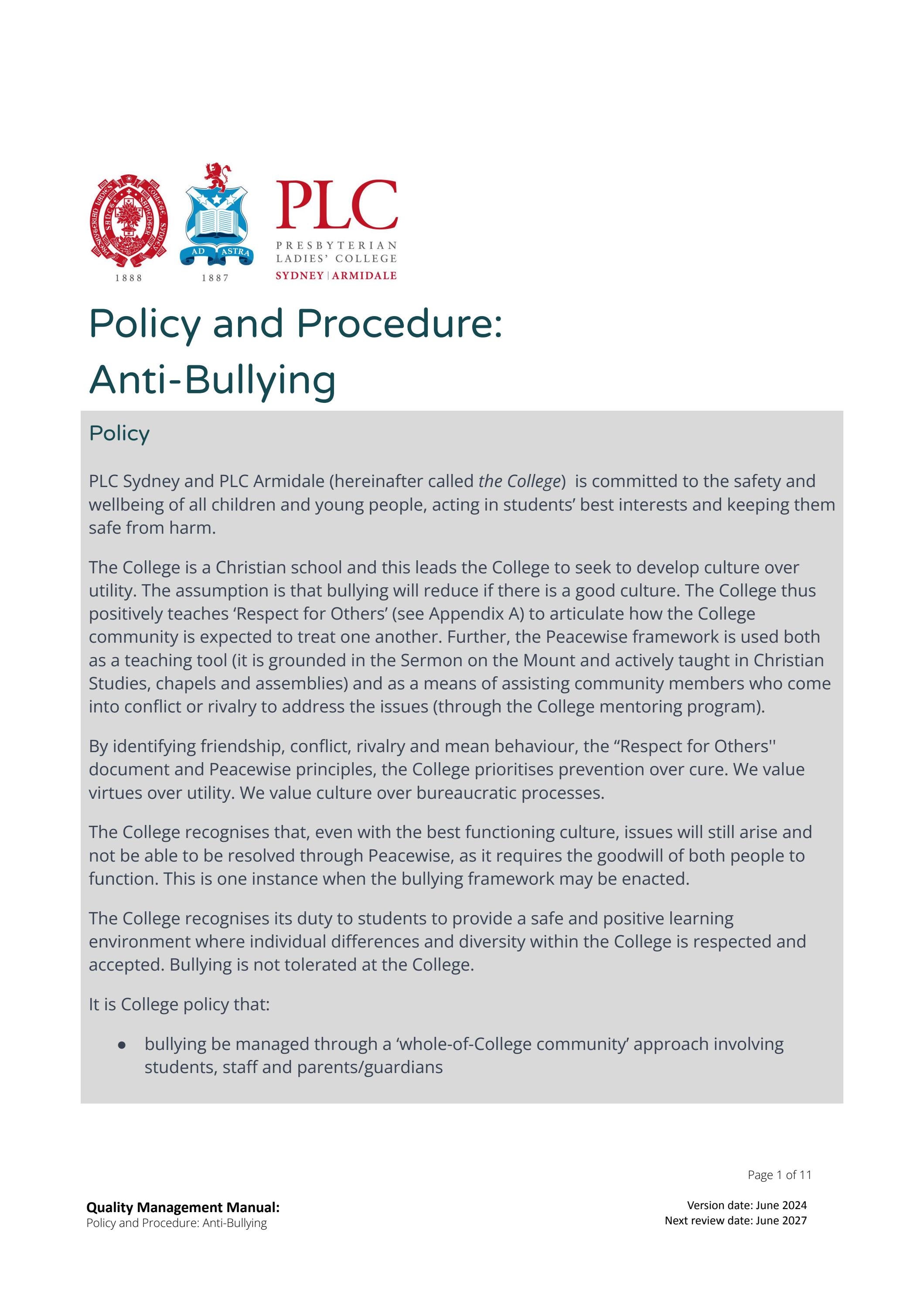 PLC Sydney Anti Bullying Policy and Procedure by PLC Sydney - Issuu