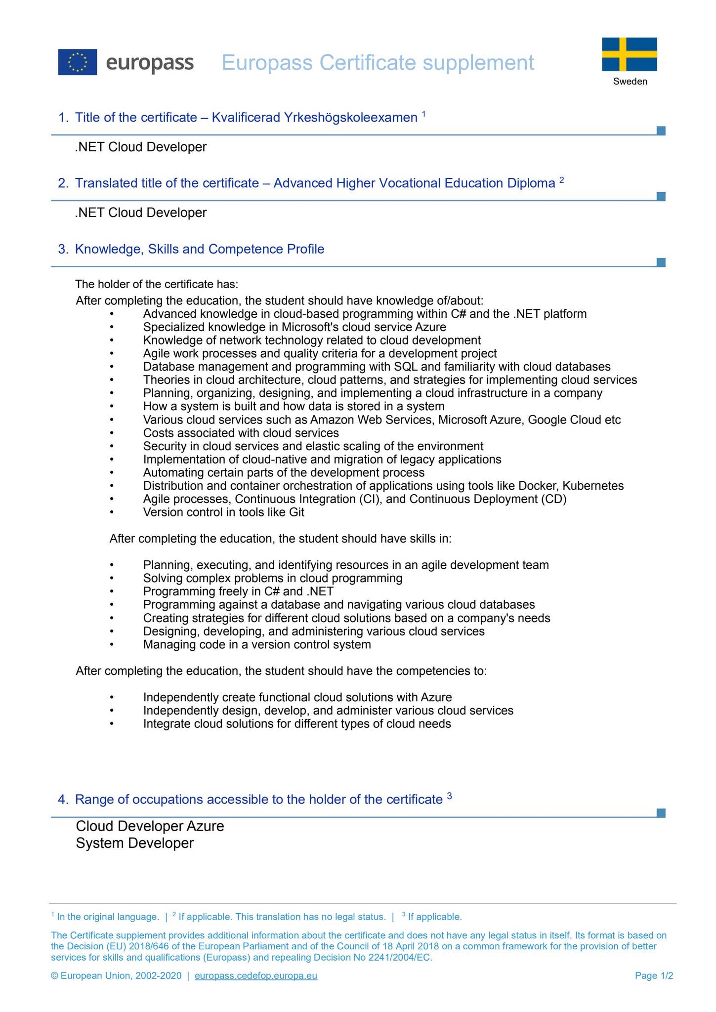 Europass .NET Cloud Utvecklare Svenska och Engelska (GBG) by IT ...