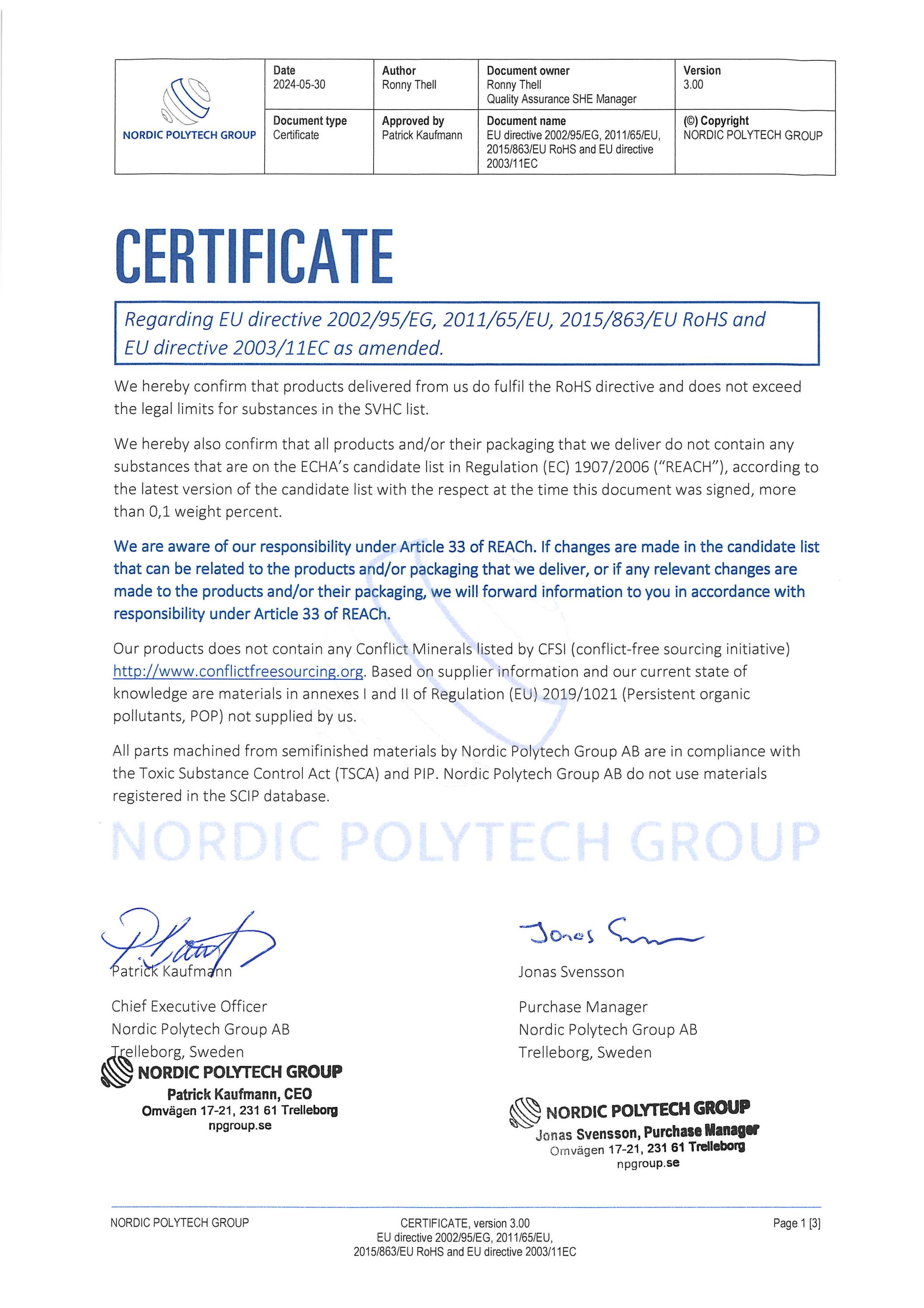 CERTIFICATE REACH NORDIC POLYTECH GROUP by NPGroup - Issuu