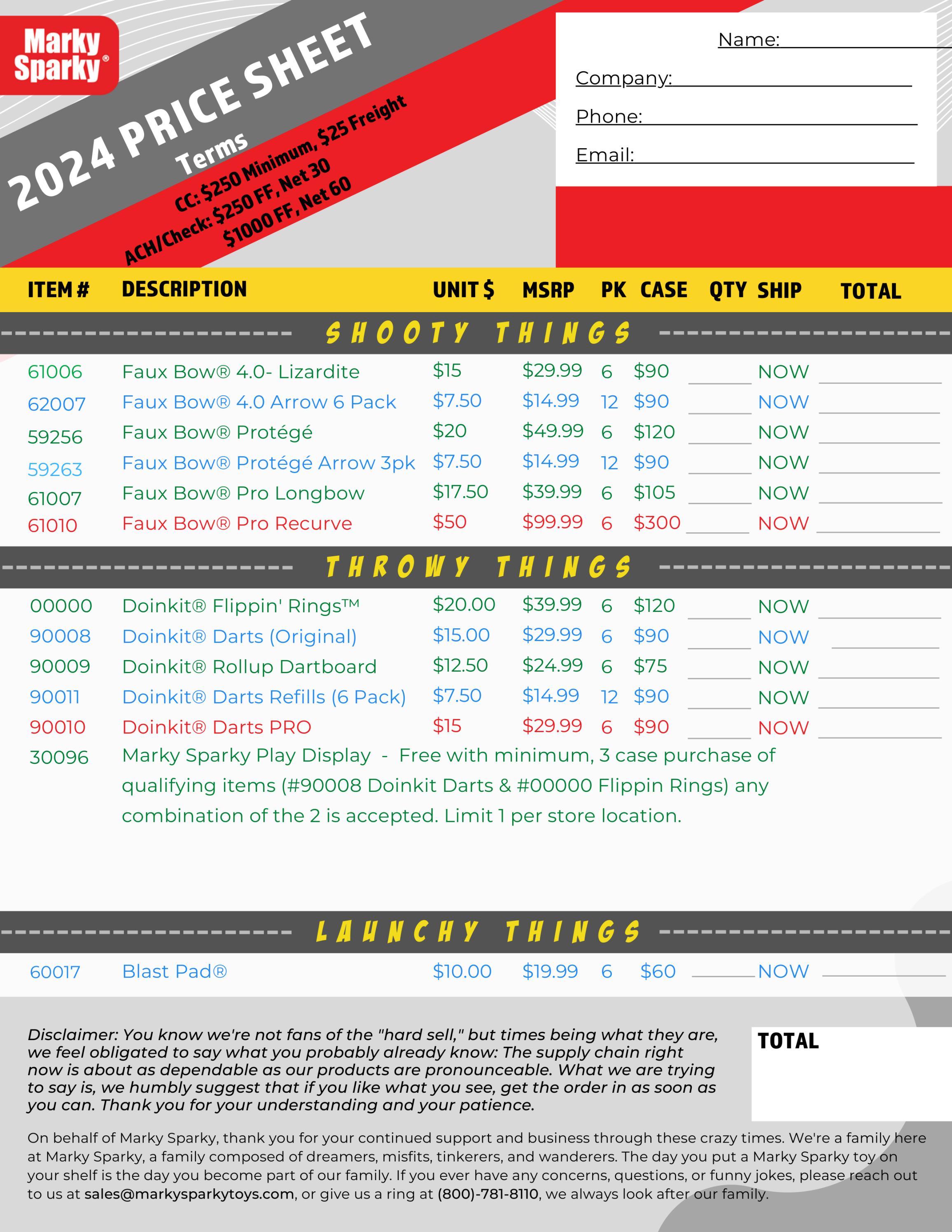 Mister Sparky Price List