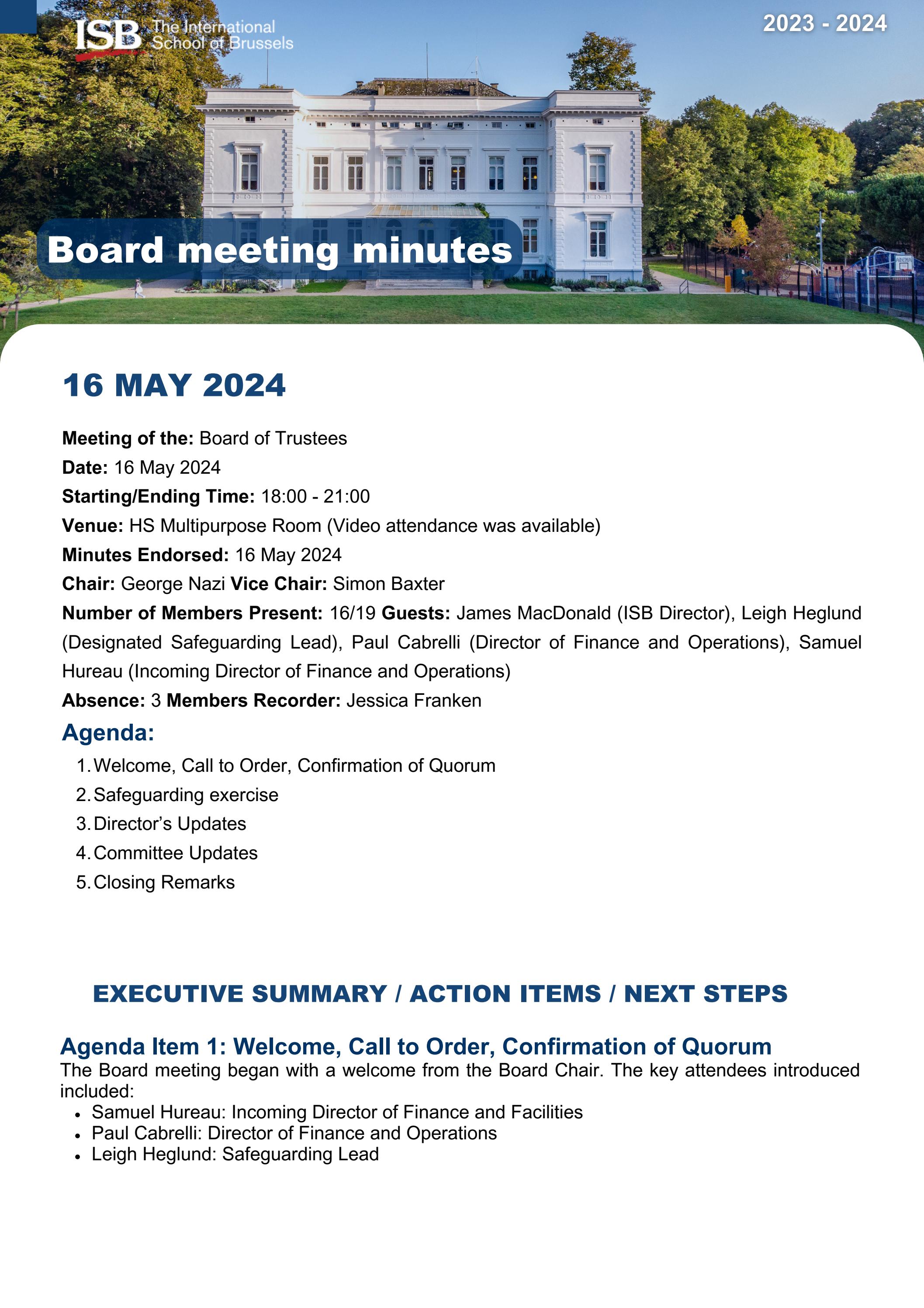 ISB Board meeting minutes by International School of Brussels - Issuu