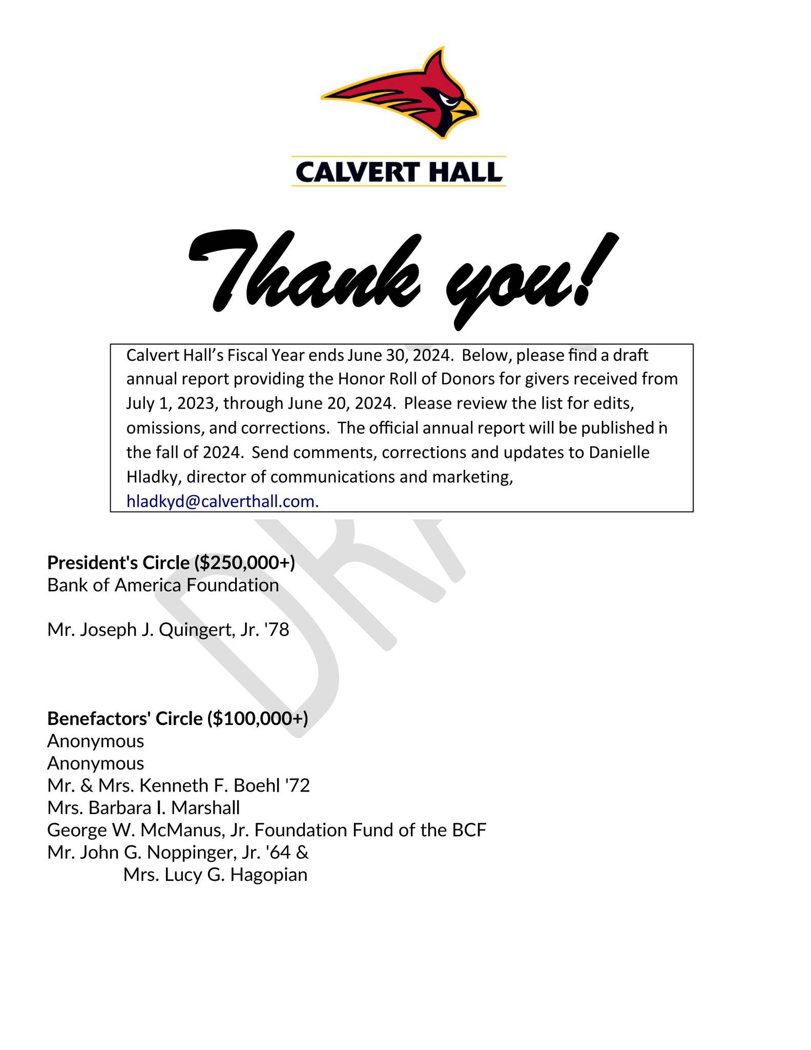 Calvert Hall DRAFT Honor Roll of Donors (2023-2024) by Calvert Hall ...