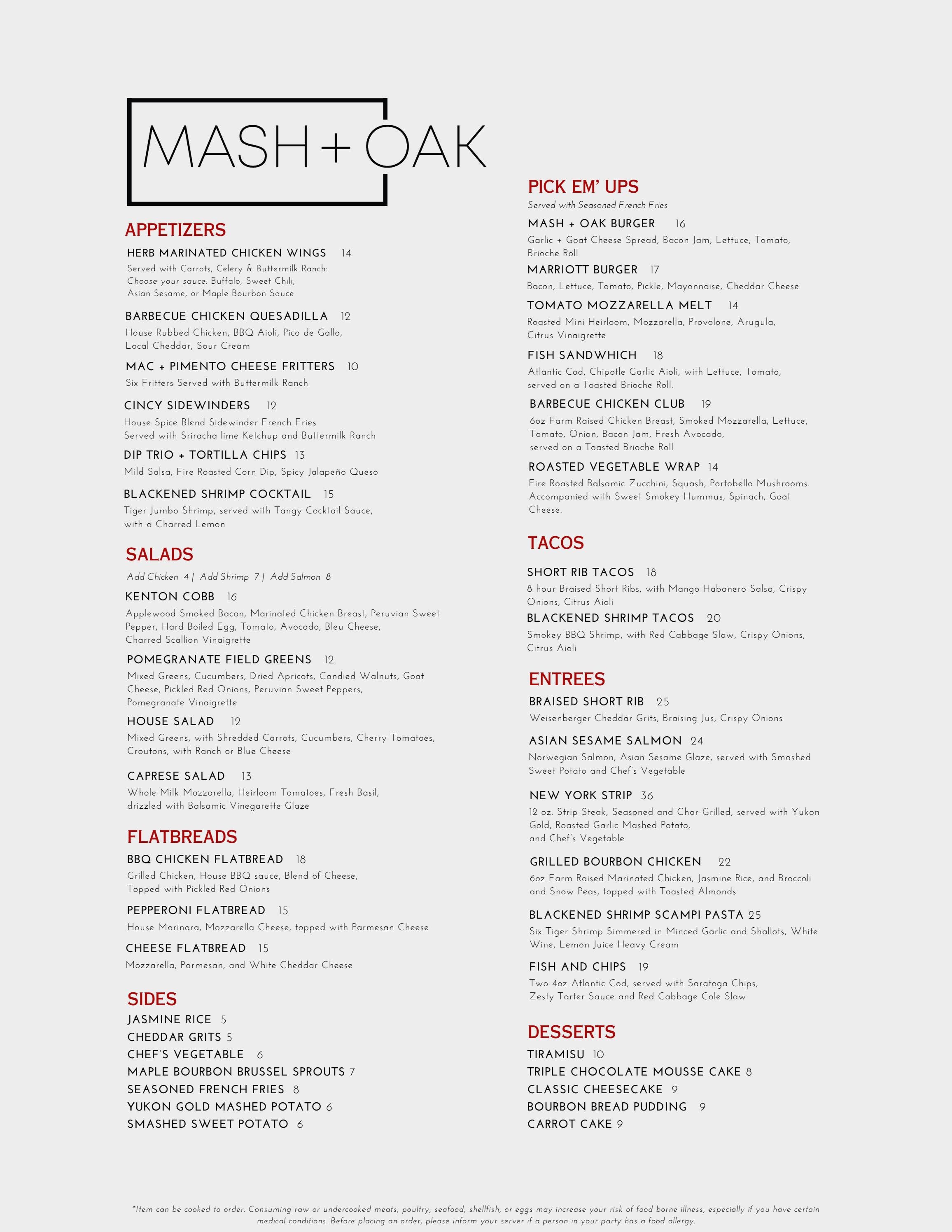 Mash and Oak inside Cincinnati Marriott at RiverCenter Dinner Menu by ...