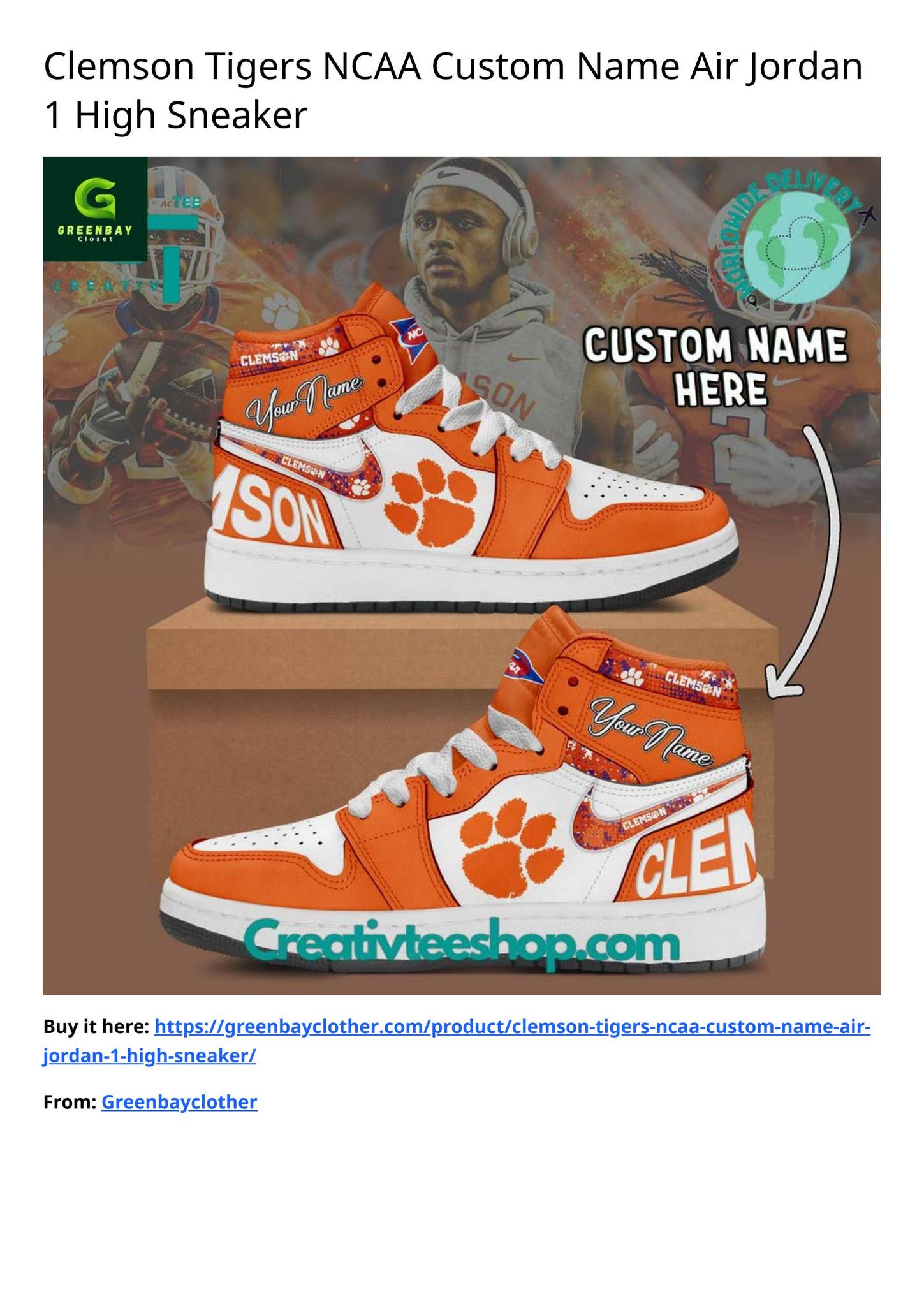 Clemson Tigers NCAA Custom Name Air Jordan 1 High Sneaker by Tonytees ...