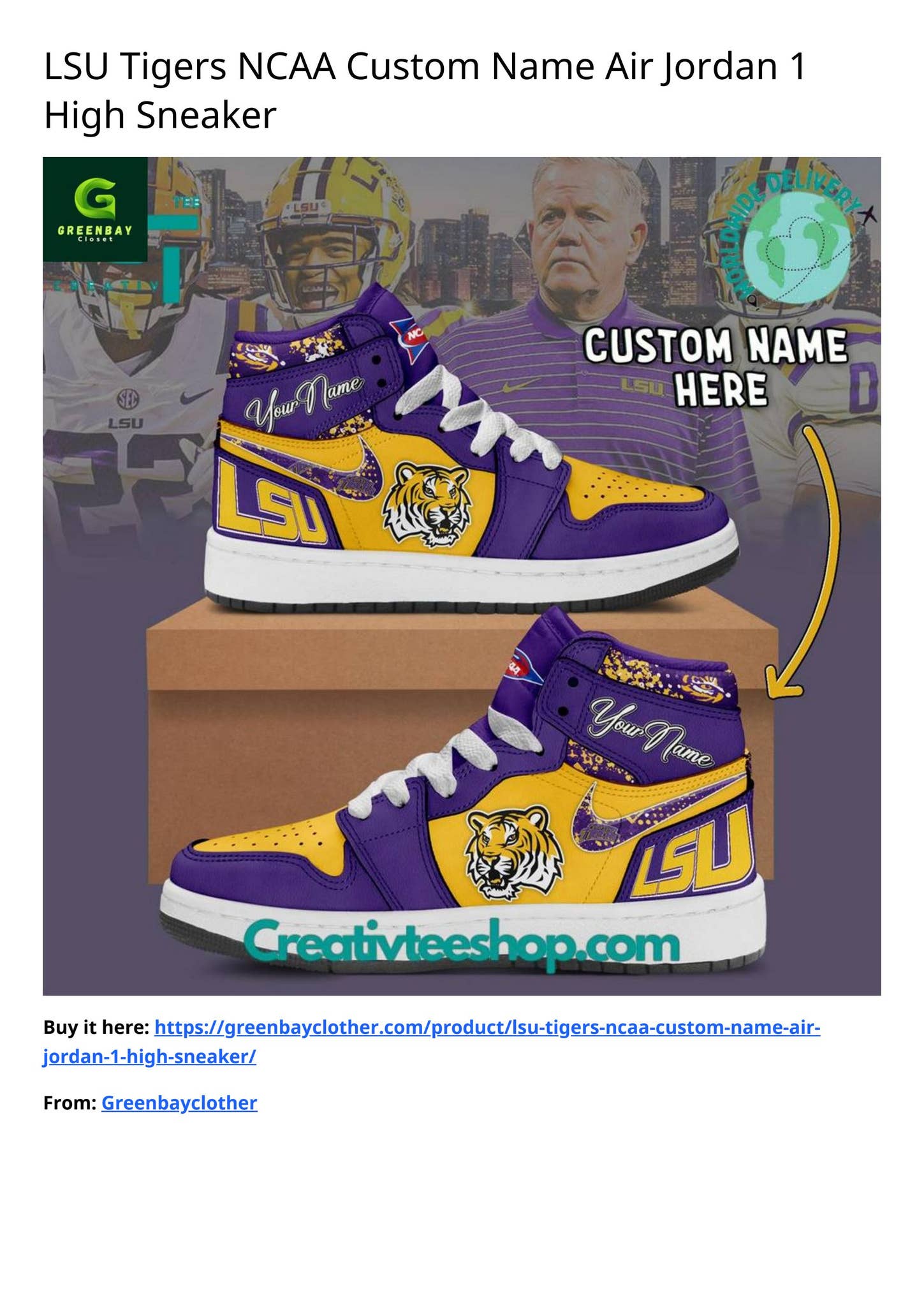 LSU Tigers NCAA Custom Name Air Jordan 1 High Sneaker by Tonytees Store ...