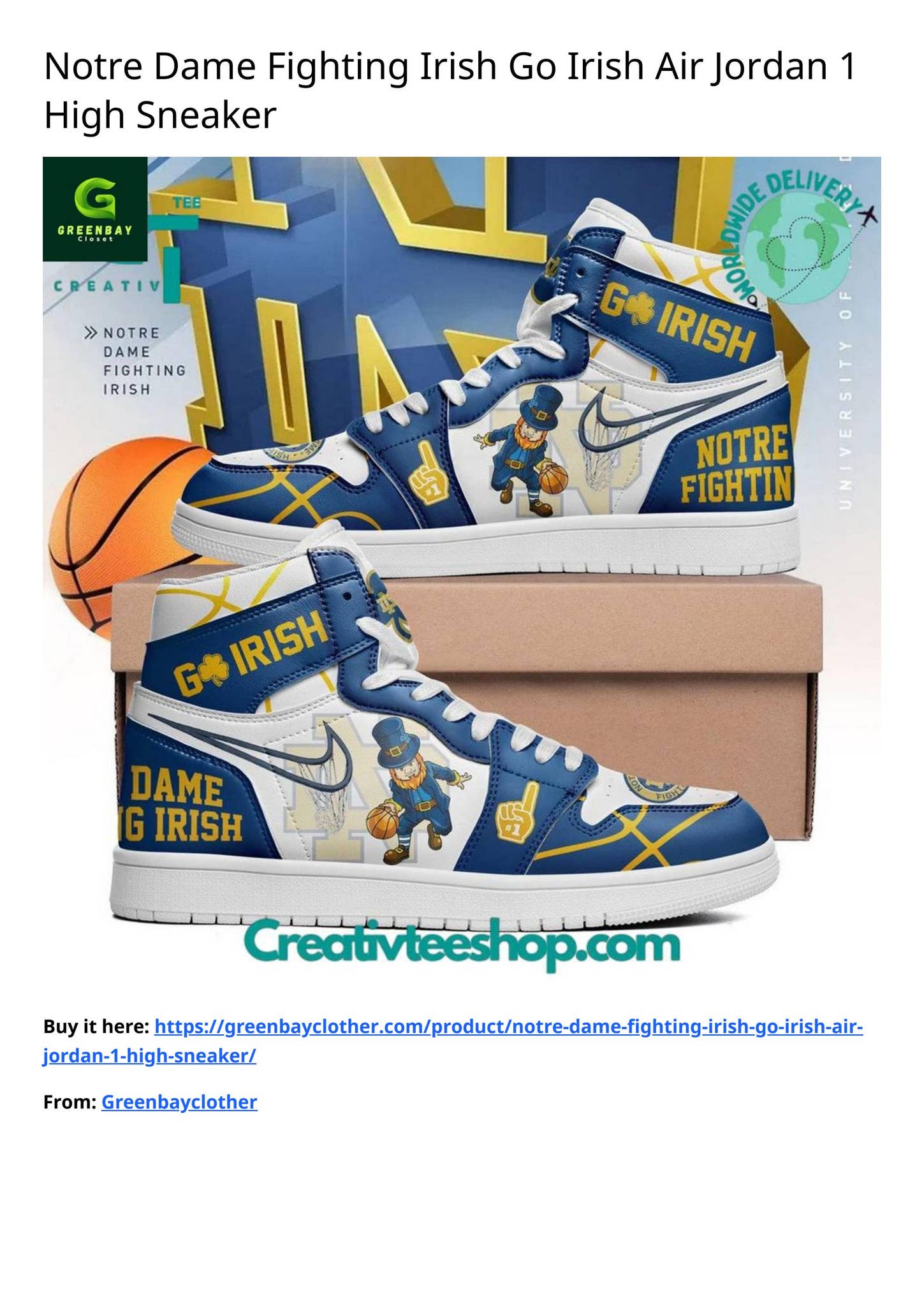 Notre Dame Fighting Irish Go Irish Air Jordan 1 High Sneaker by ...