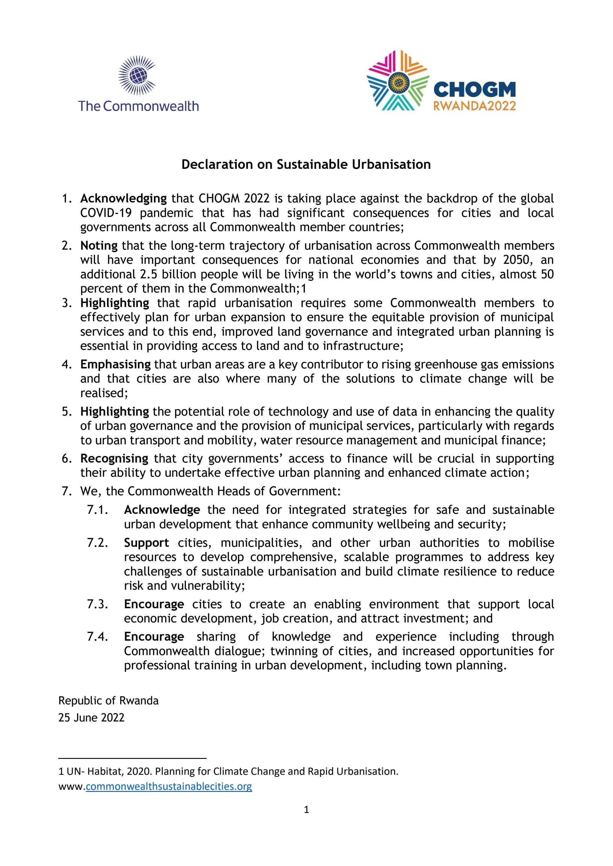 Declaration on Sustainable Urbanisation by Commonwealth Association of ...