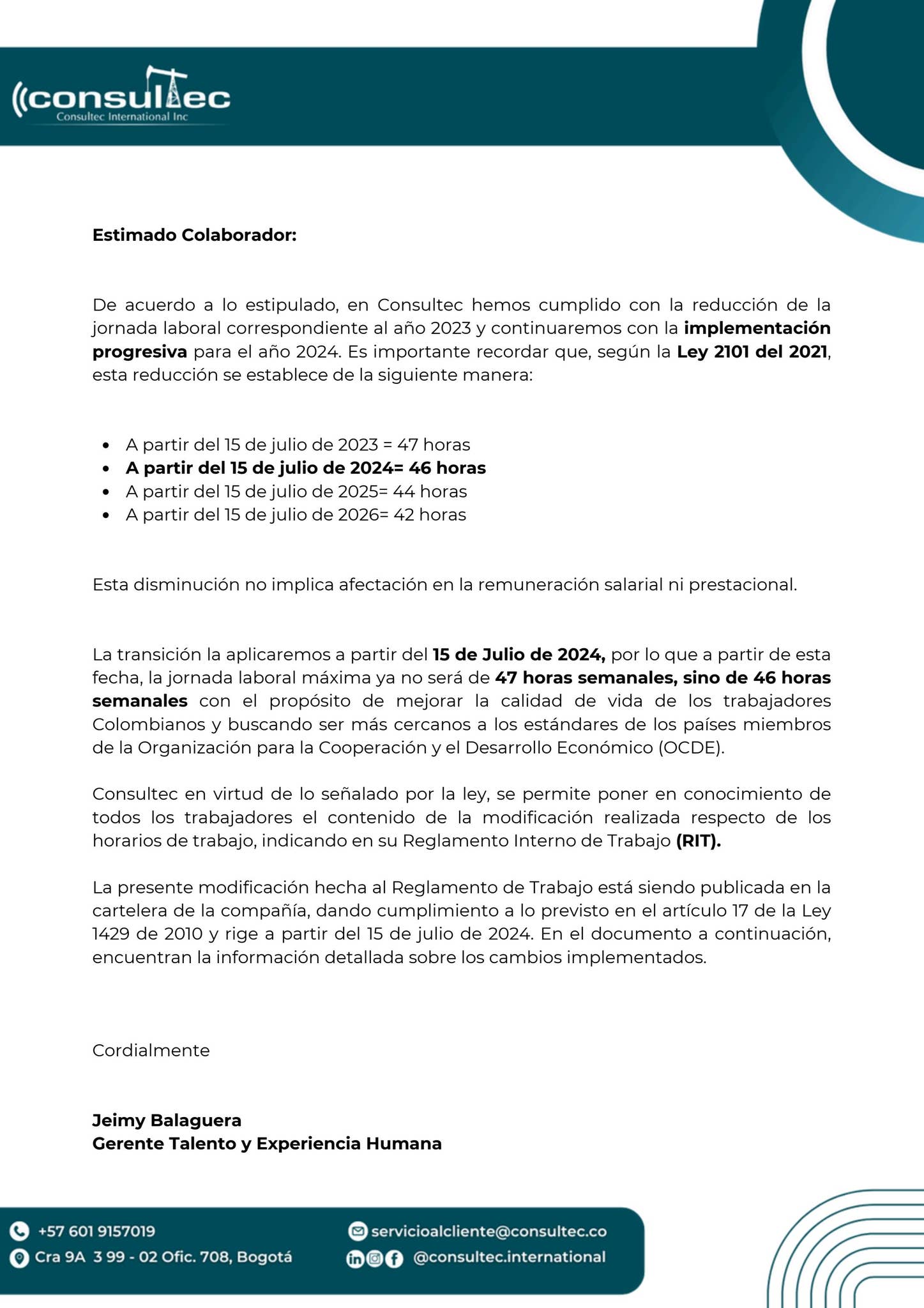 ¡Reducción Jornada Laboral en Consultec! by consultec.international - Issuu