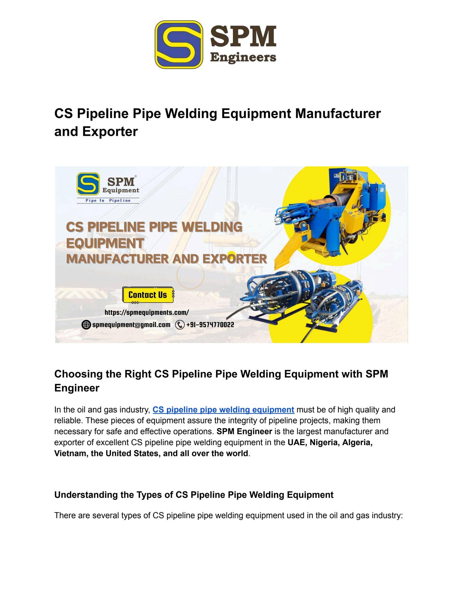CS Pipeline Pipe Welding Equipment Exporter - SPM Engineer by SPM ...