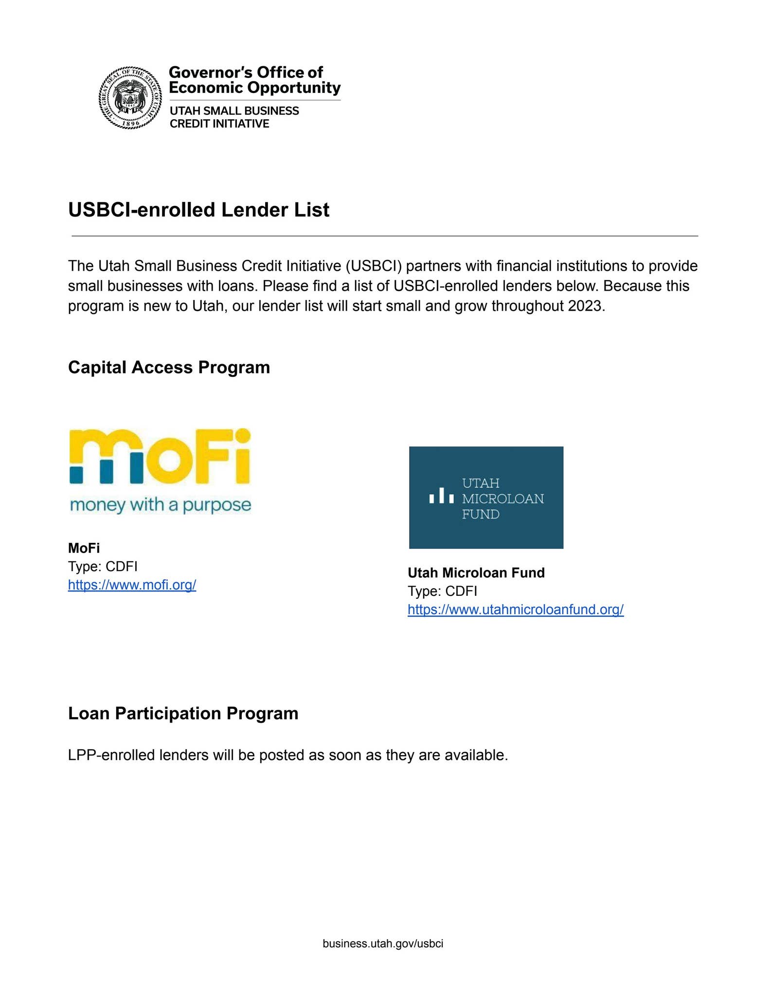USBCI Enrolled Lender List by Utah Governor's Office of Economic ...