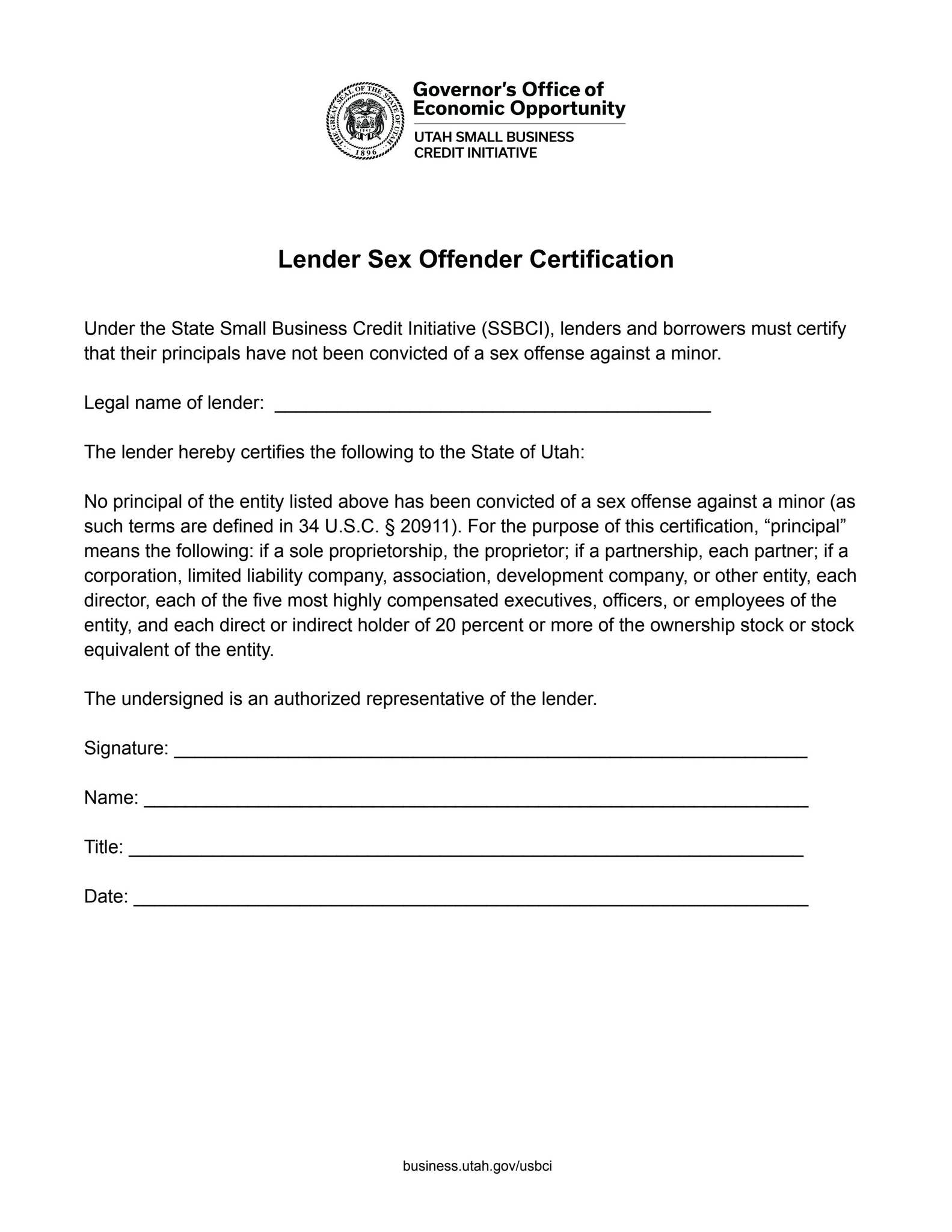 USBCI Lender Sex Offender Certification by Utah Governor's Office of ...