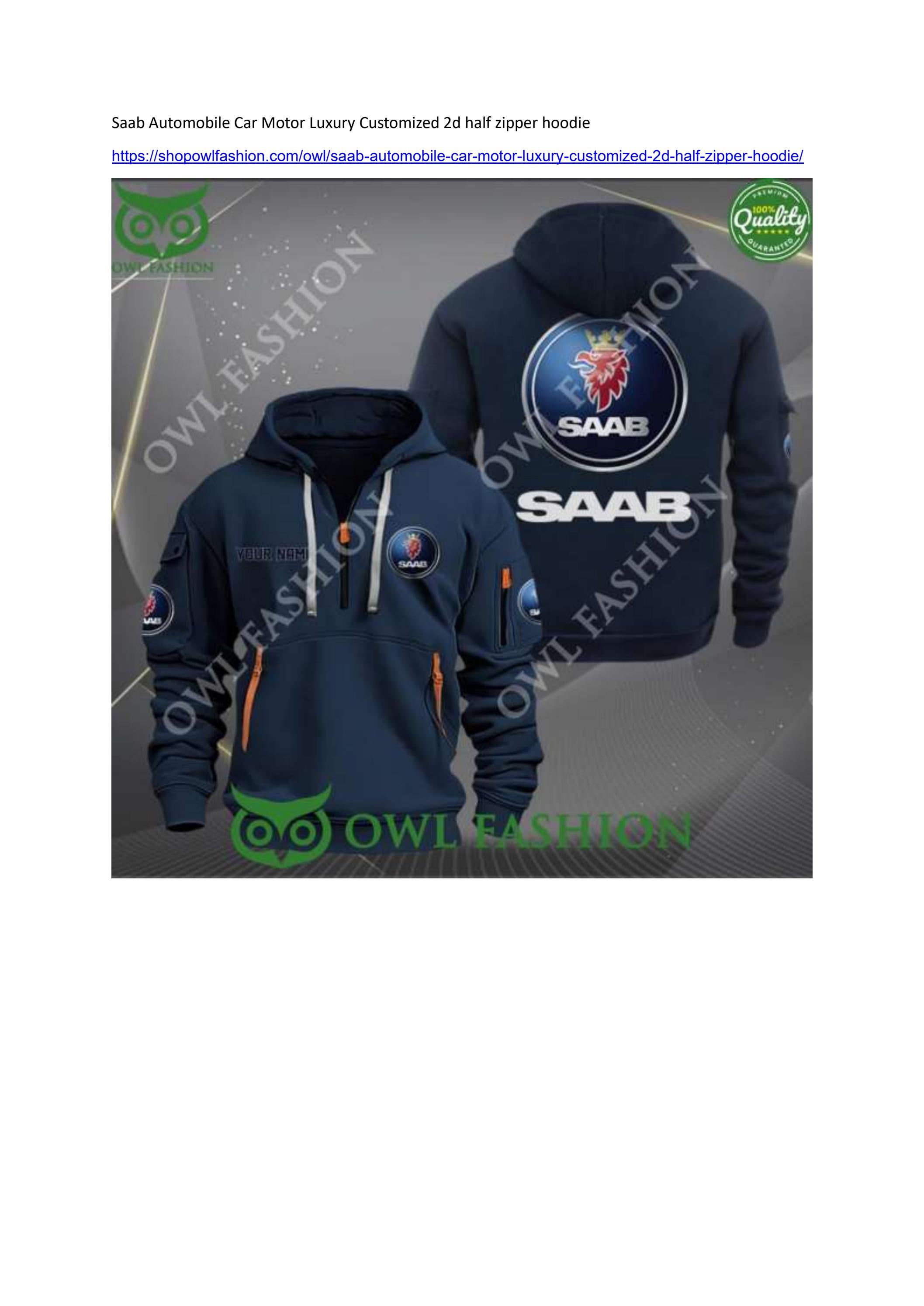 Saab Automobile Car Motor Luxury Customized 2d half zipper hoodie by ...