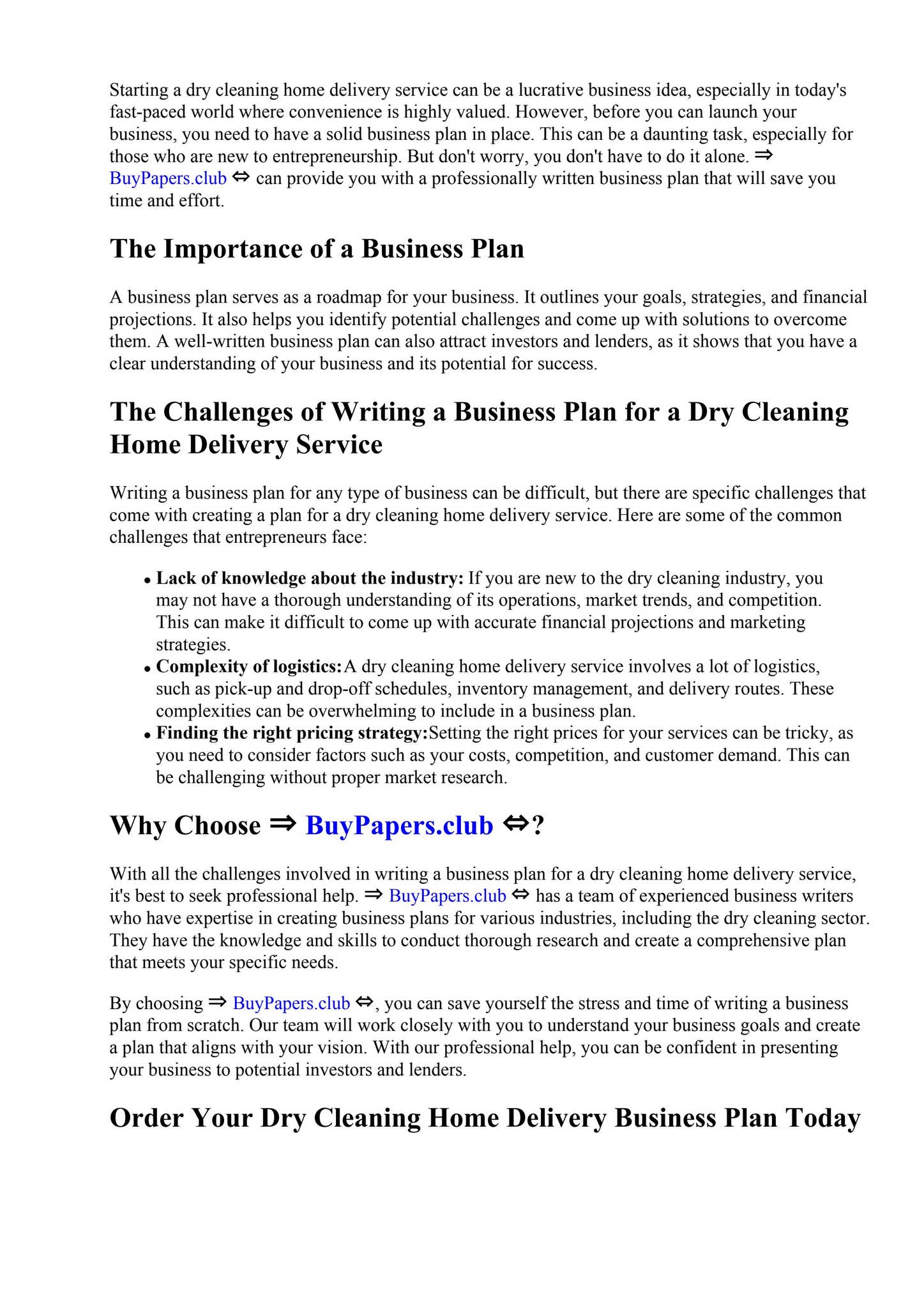 Dry Cleaning Home Delivery Business Plan Sample by Tracy - Issuu