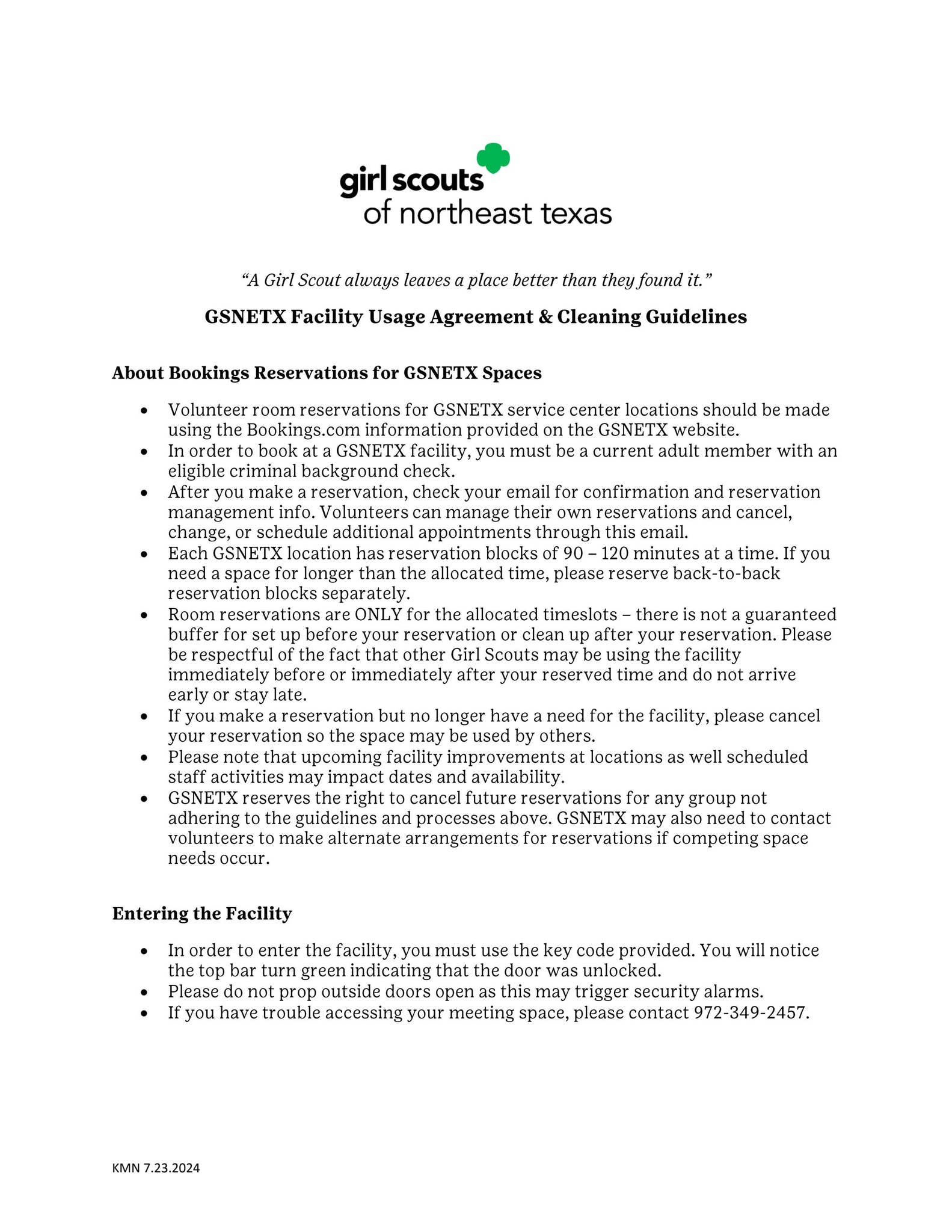 GSNETX Facility Usage Agreement & Cleaning Guidelines by Girl Scouts of ...