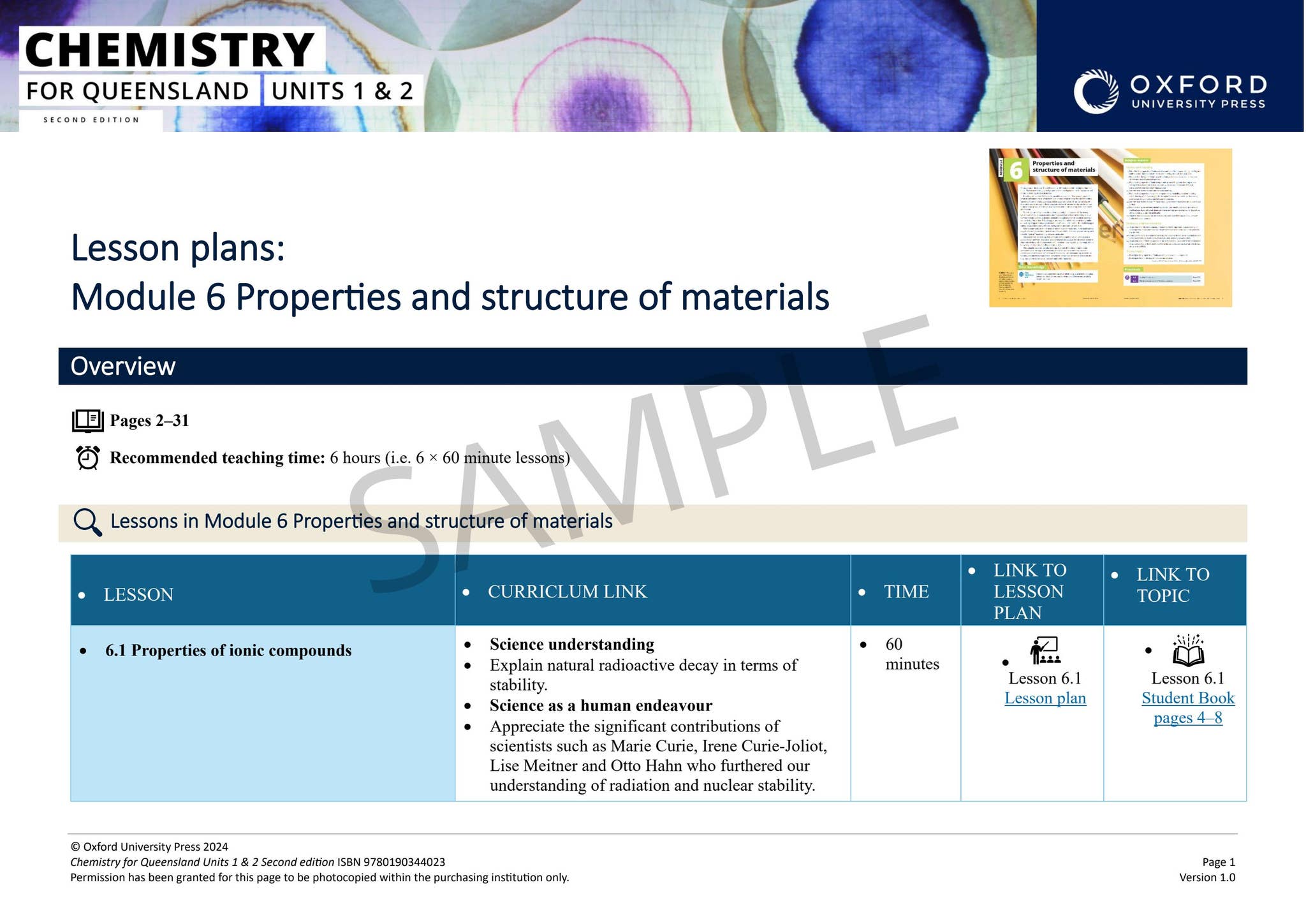 Chemistry for Queensland Units 1 & 2 Sample Lesson plan 6.4 by OUPANZ ...