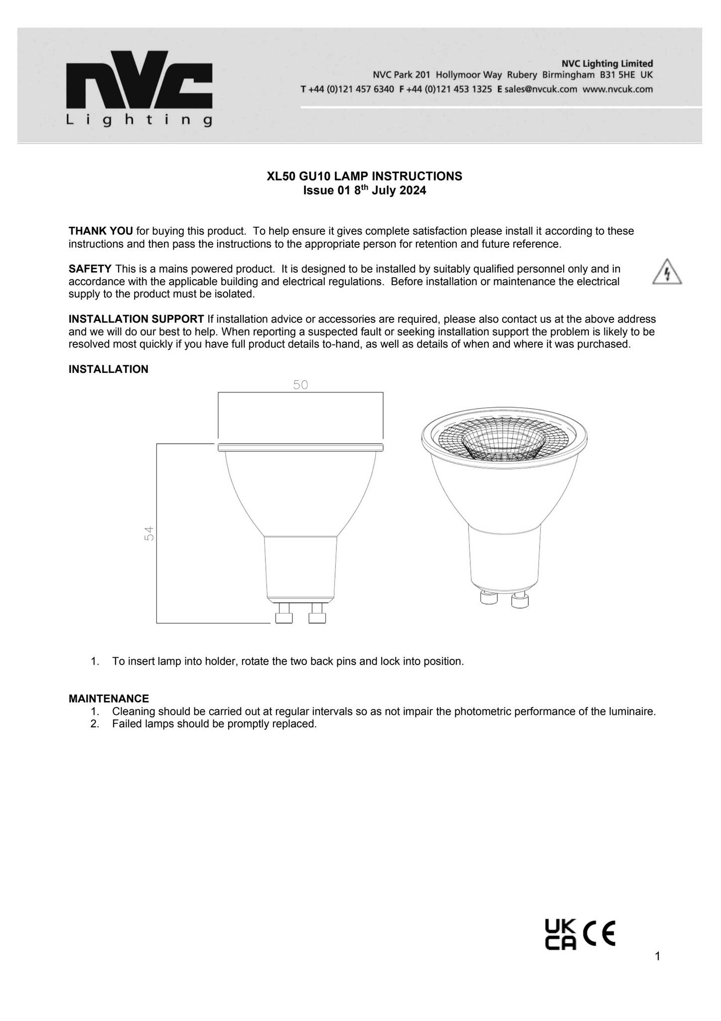 XL50 GU10 Lamp Instruction Sheet by NVC Lighting UK - Issuu