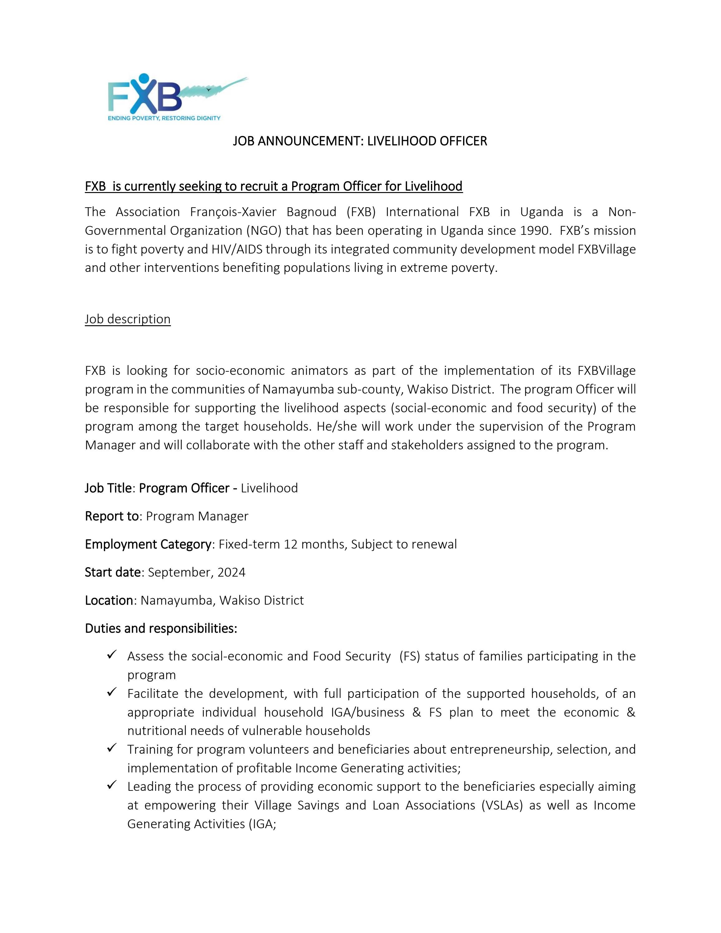 JOB ANNOUNCEMENT: LIVELIHOOD OFFICER by Aline Albasini - Issuu