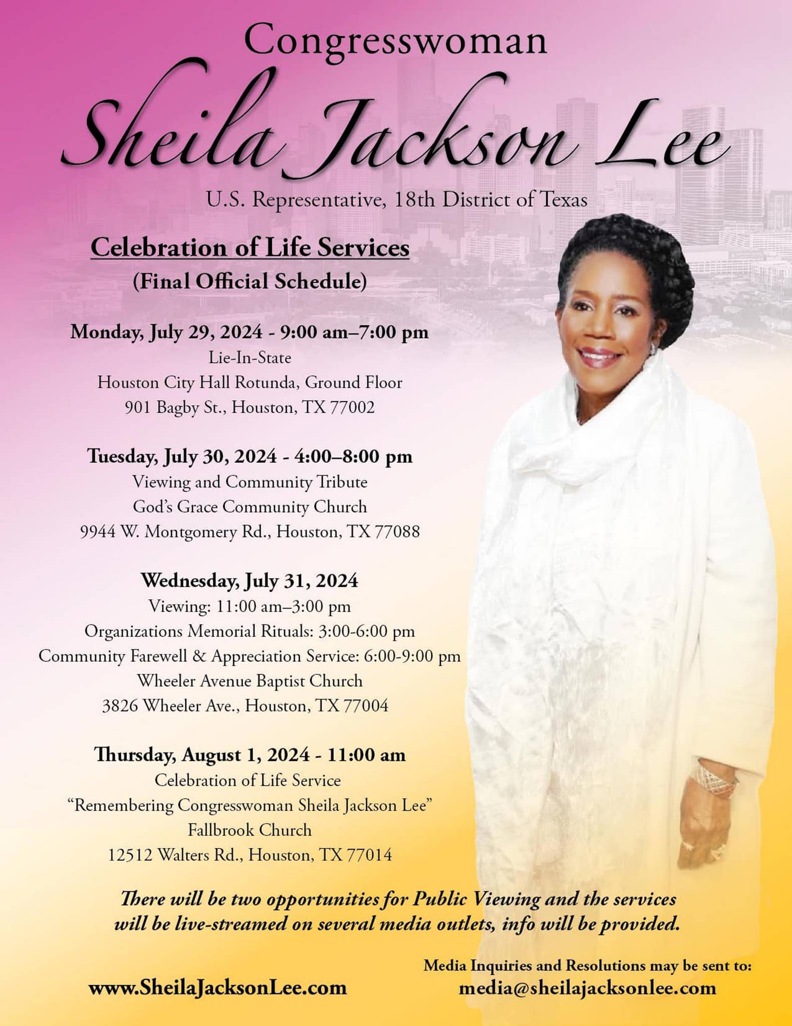 Final Official Funeral Schedule for Congresswoman Sheila Jackson Lee by Aubrey R. Taylor ...