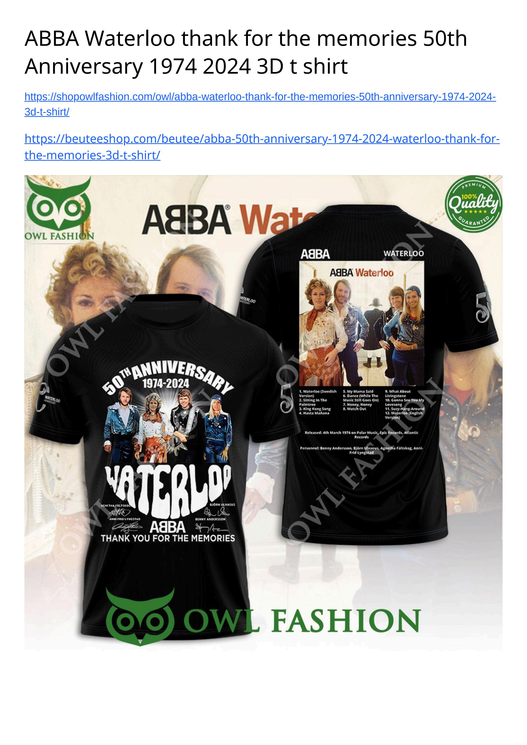 ABBA 50th Anniversary 1974 2024 Waterloo thank for the memories 3D t ...