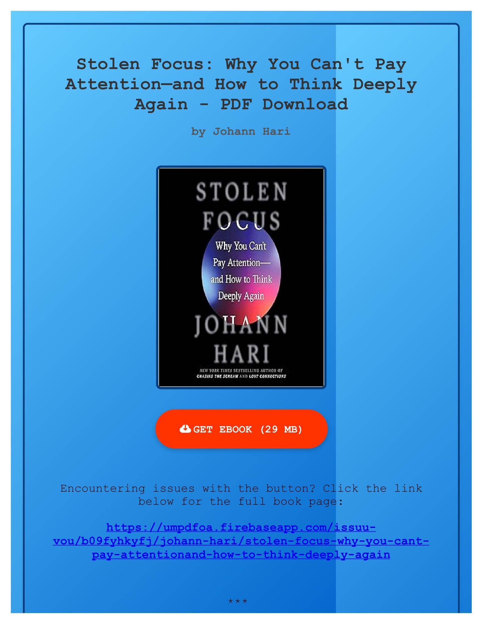 (EBOOK) Stolen Focus: Why You Can't Pay Attention—and How to Think ...
