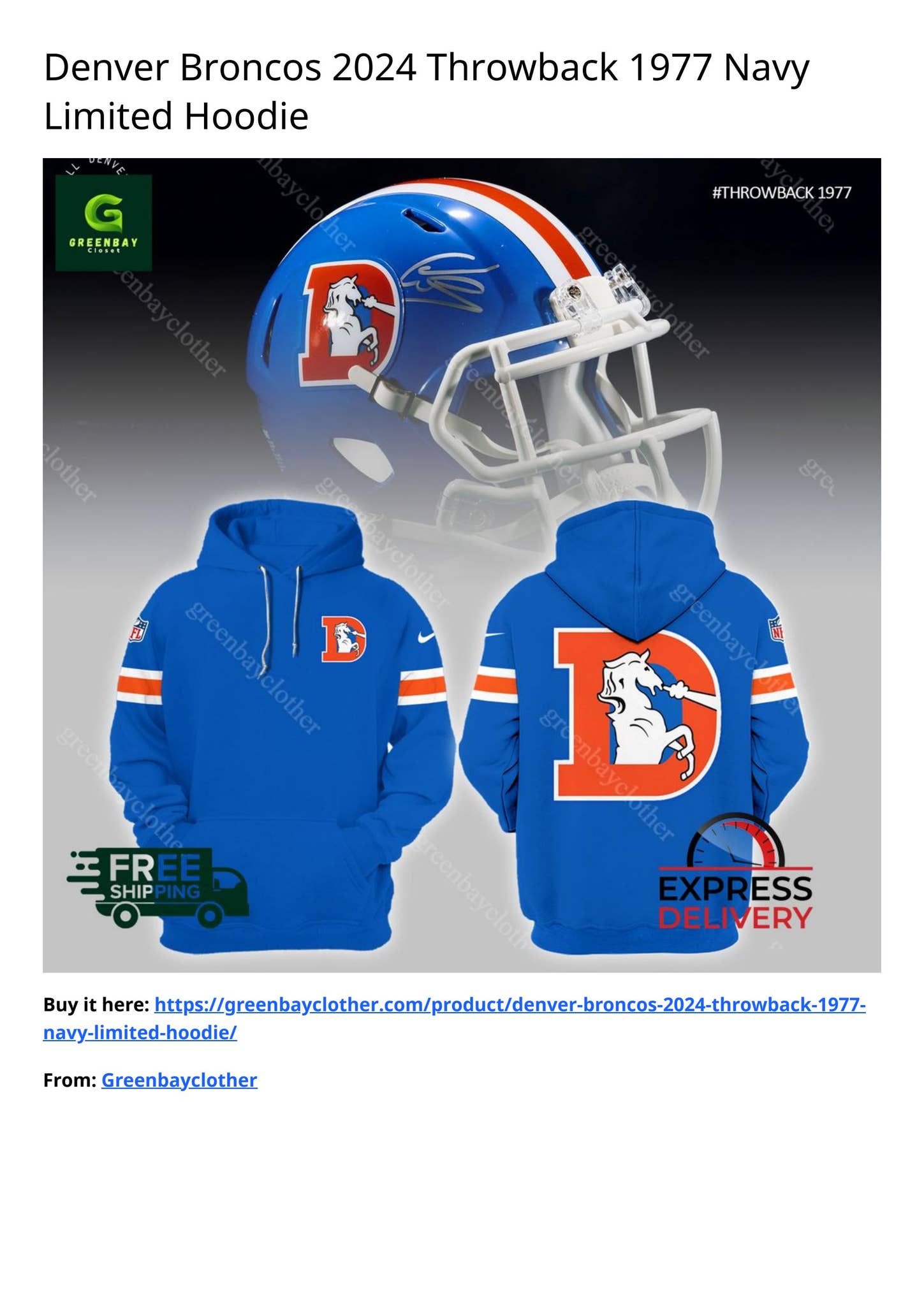 Denver Broncos 2024 Throwback 1977 Navy Limited Hoodie by Tonytees ...