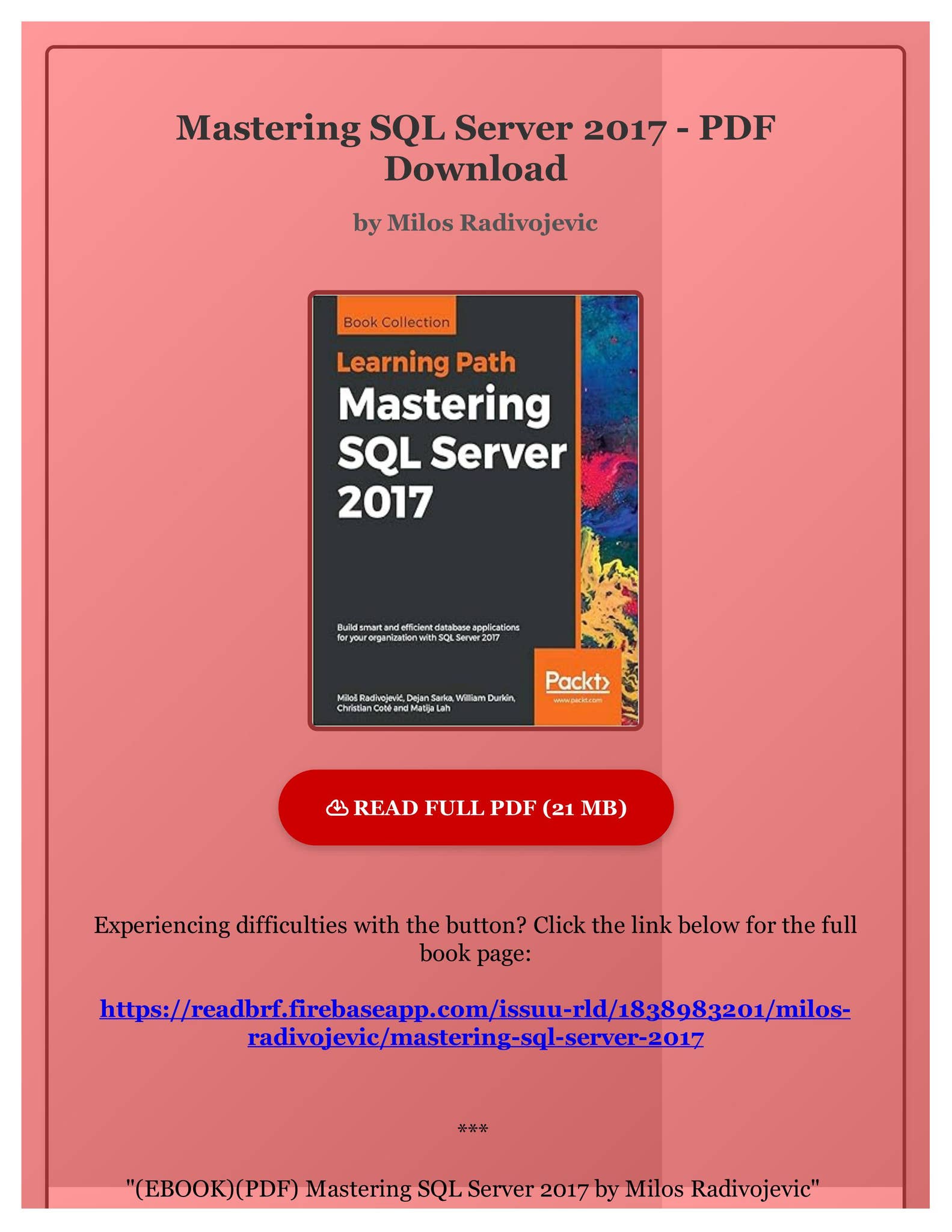 (EBOOK)(PDF) Mastering SQL Server 2017 by Milos Radivojevic by ... (EBOOK)(PDF) Mastering SQL Server 2017 by Milos Radivojevic by ...