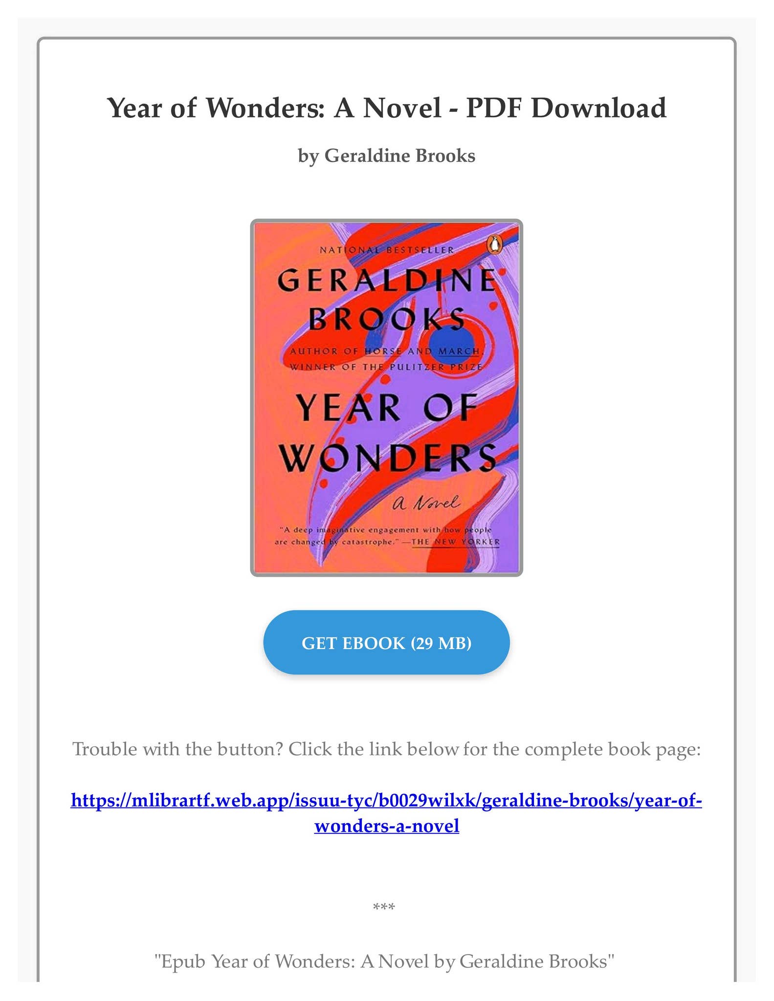 Epub Year of Wonders: A Novel by Geraldine Brooks by RachaelSawaynjg ...