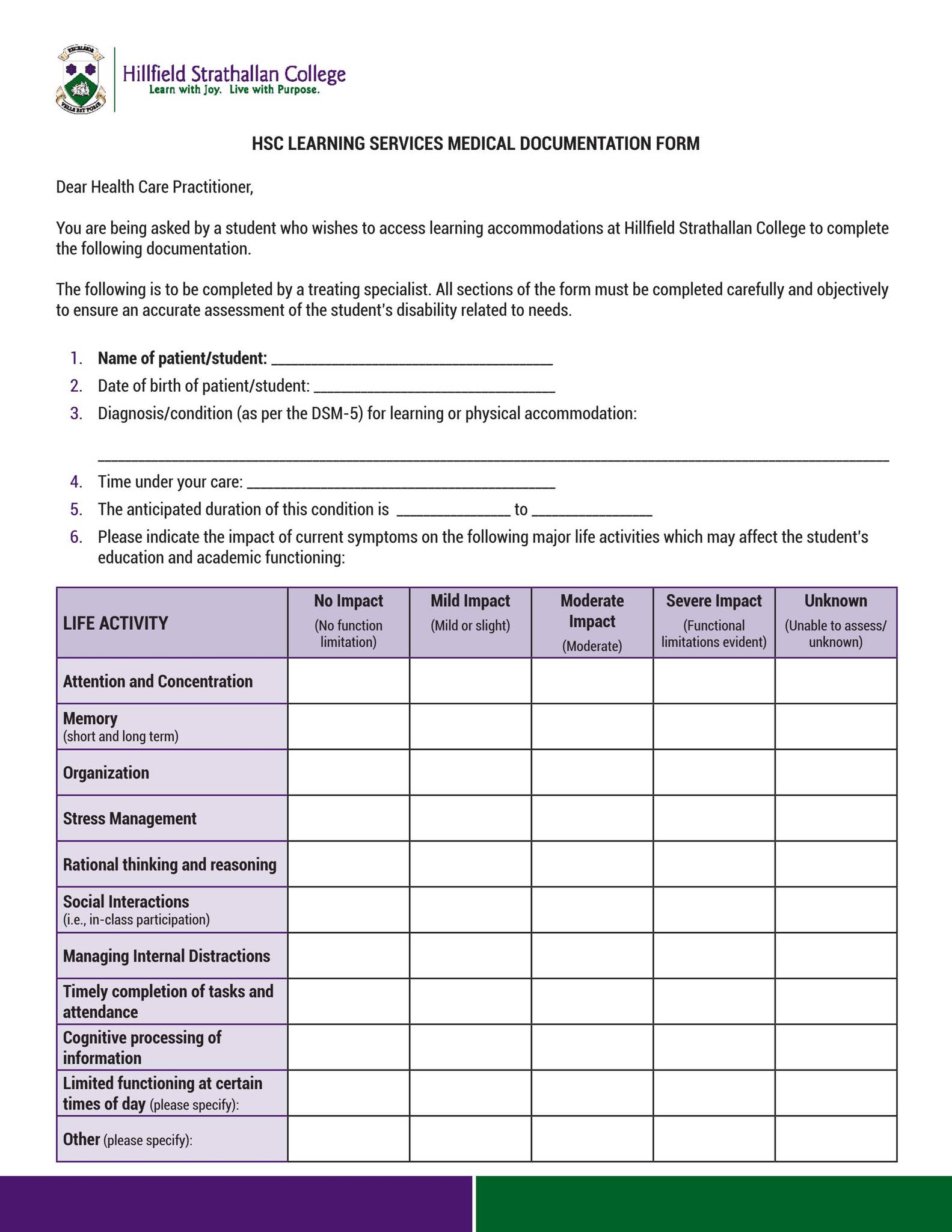 Learning Services Medical Documentation Form by Hillfield Strathallan ...