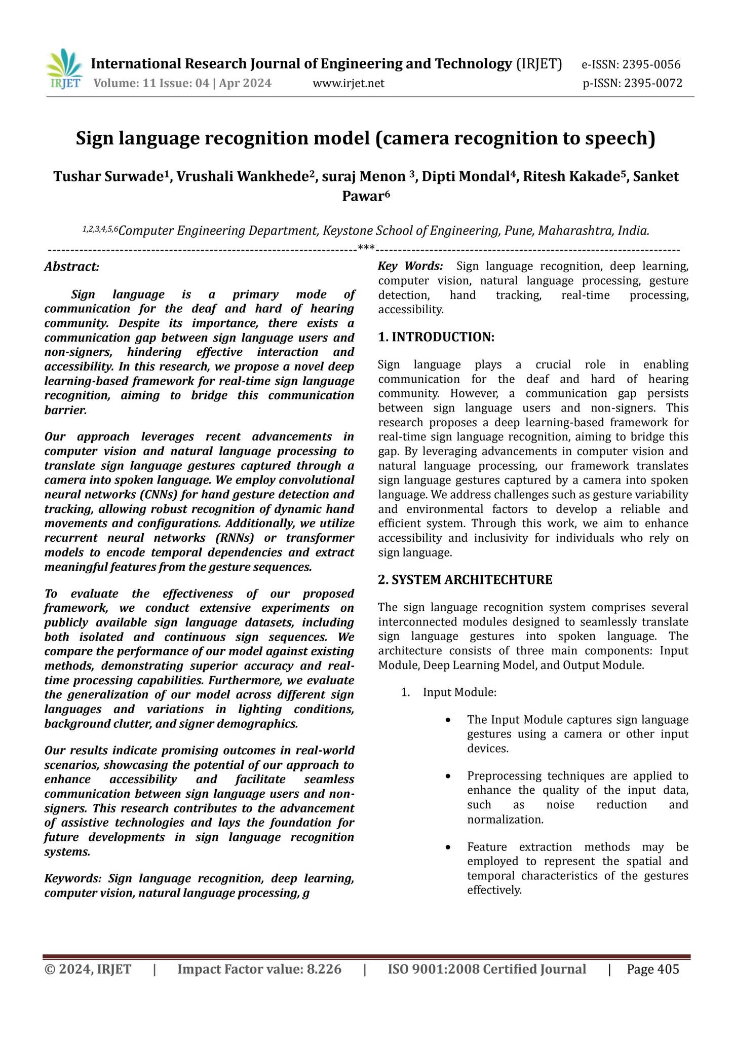 Sign language recognition model (camera recognition to speech) by IRJET ...