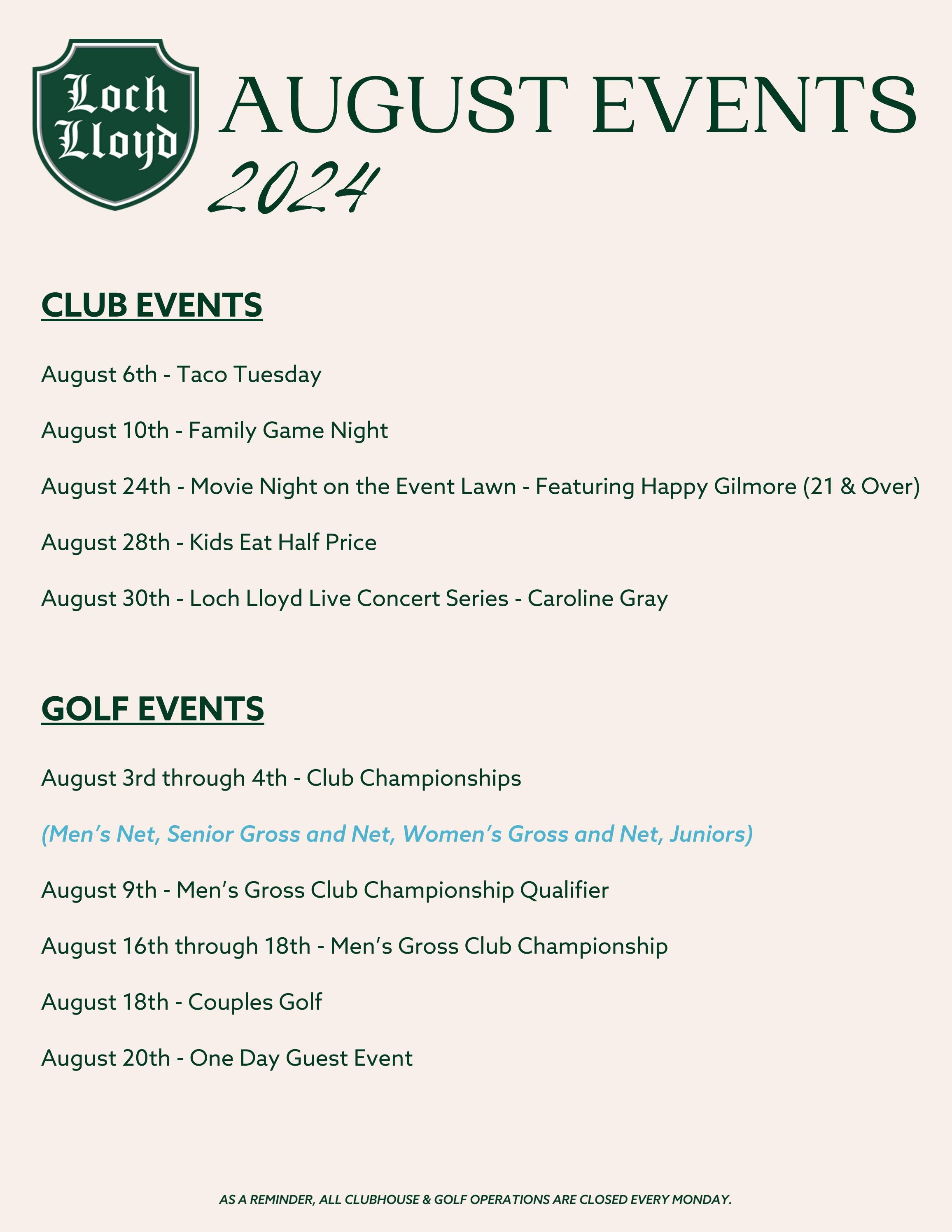 LLCC 2024 Events Calendar by Loch Lloyd Country Club - Issuu