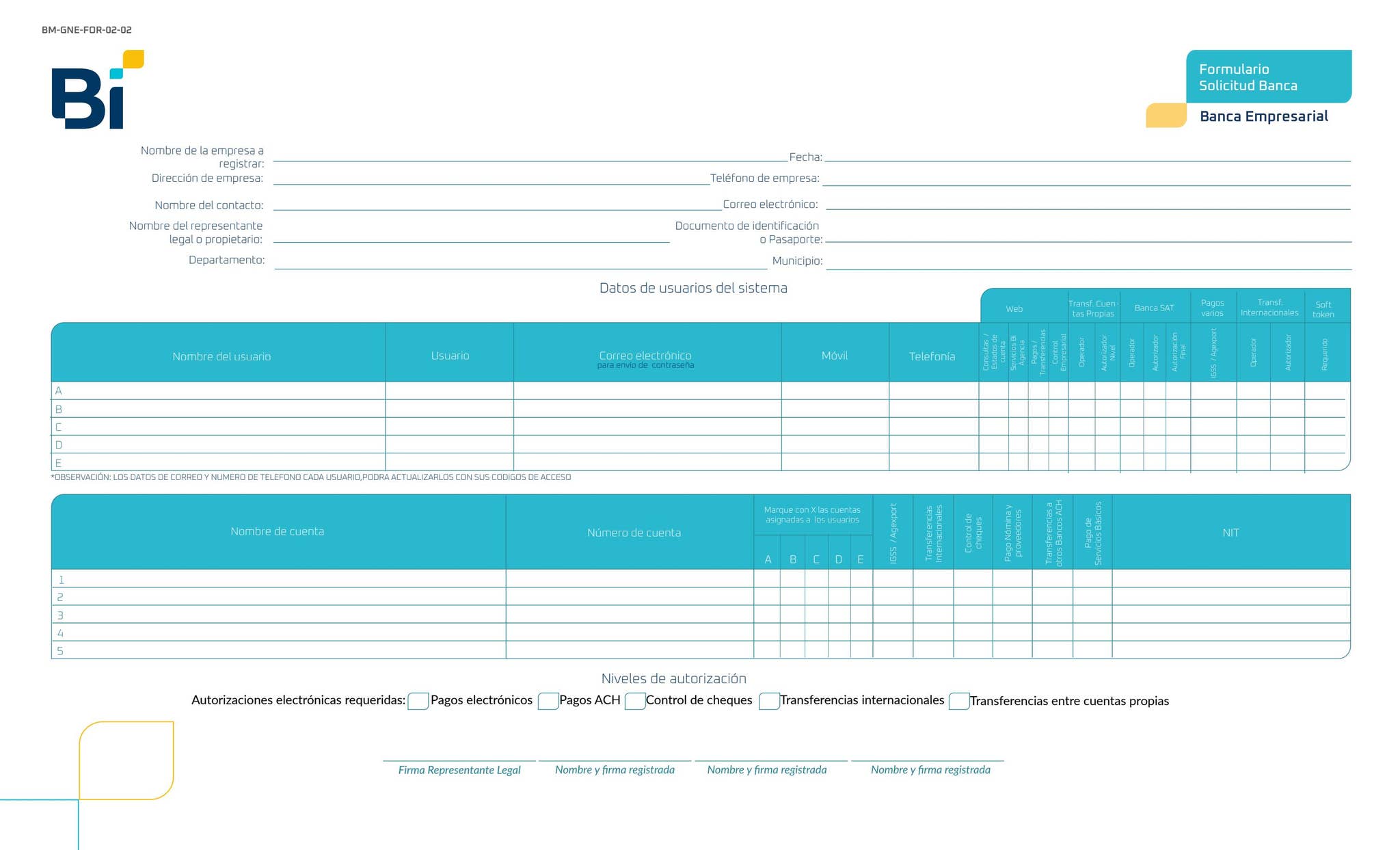 BM-GNE-FOR-02-02 Formulario Solicitud de Servicios Banca Electrónico Empresarial by Corporación ...