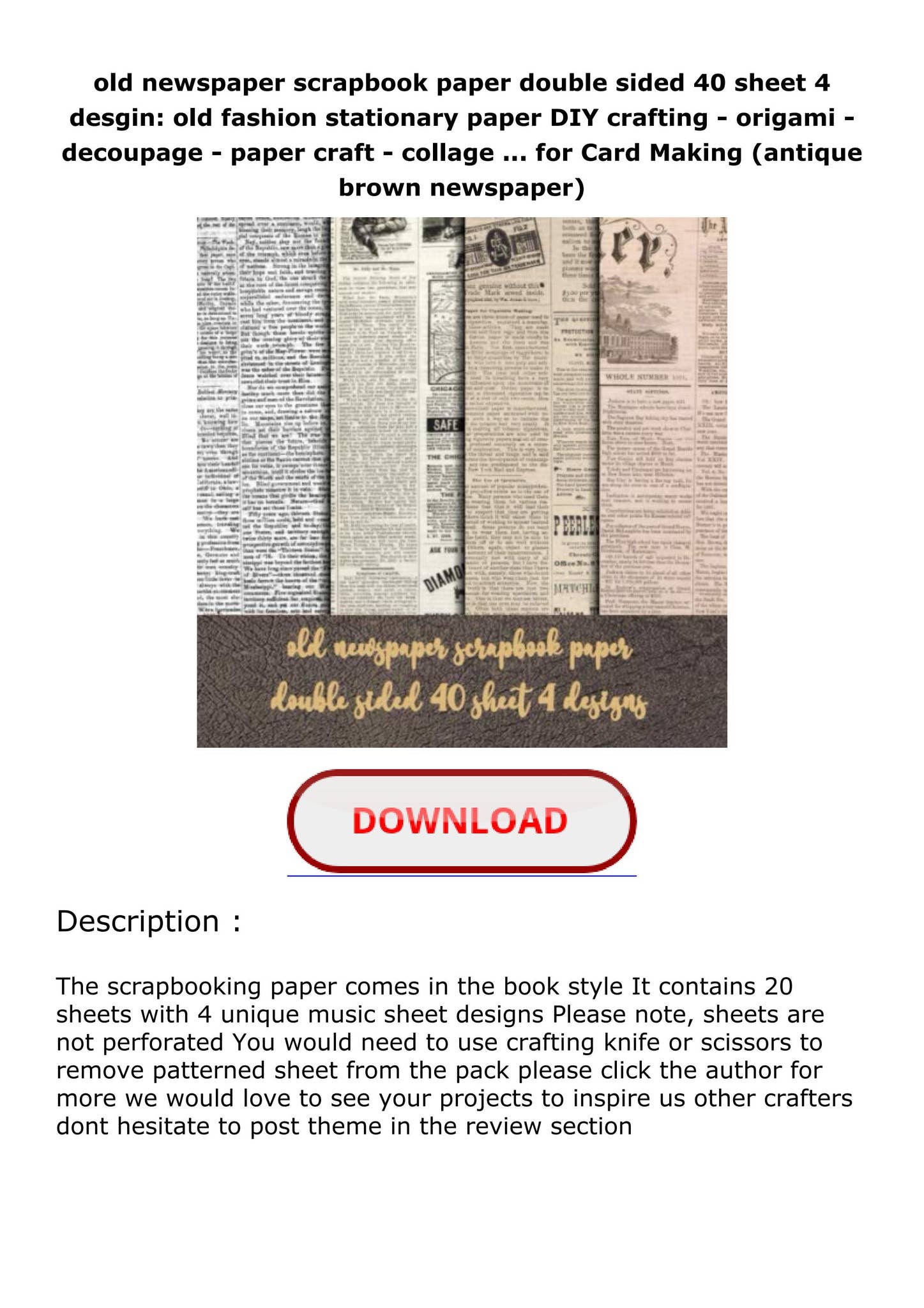 KINDLE old newspaper scrapbook paper double sided 40 sheet 4 desgin ...