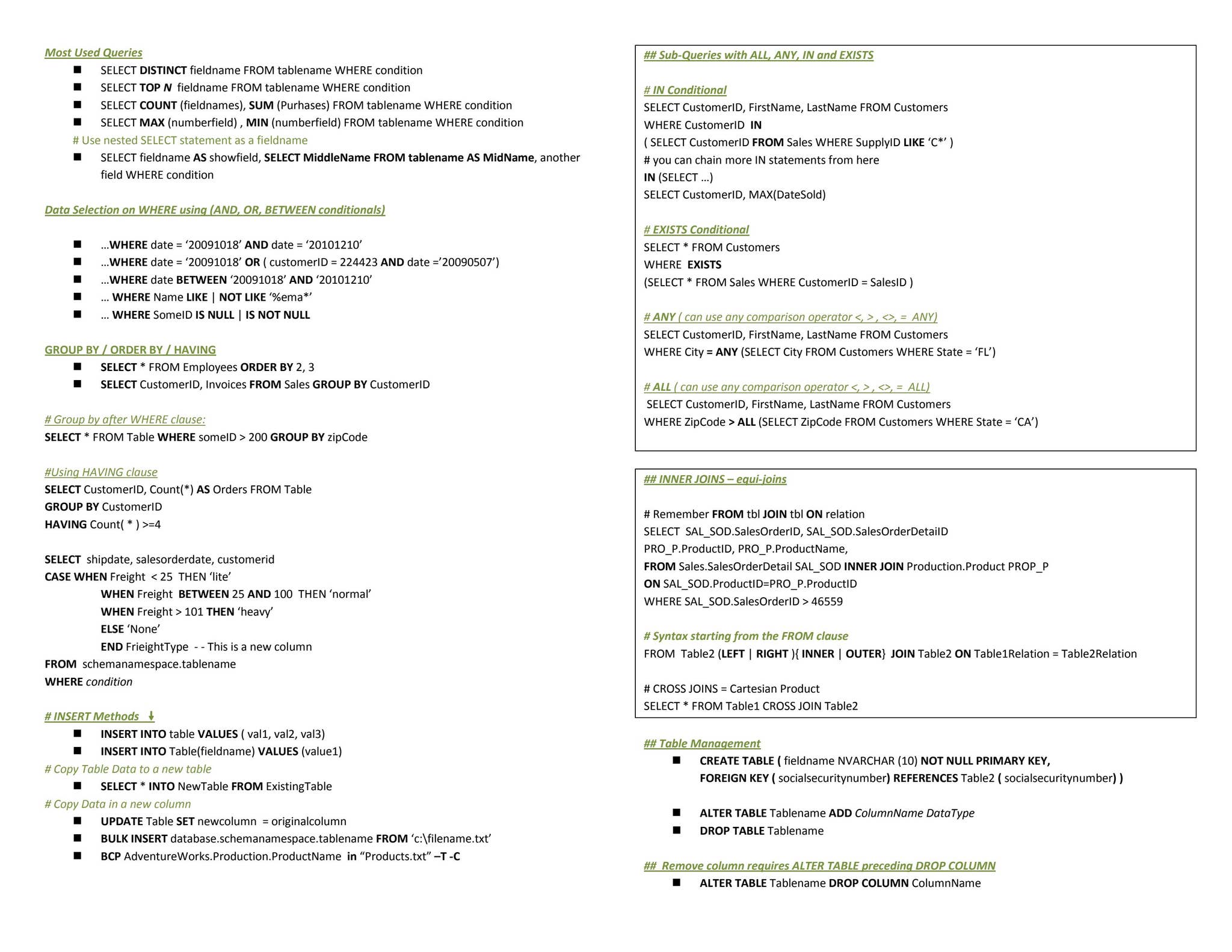 TSQL Cheatsheet by "BiZzyBEE.blog" - Issuu