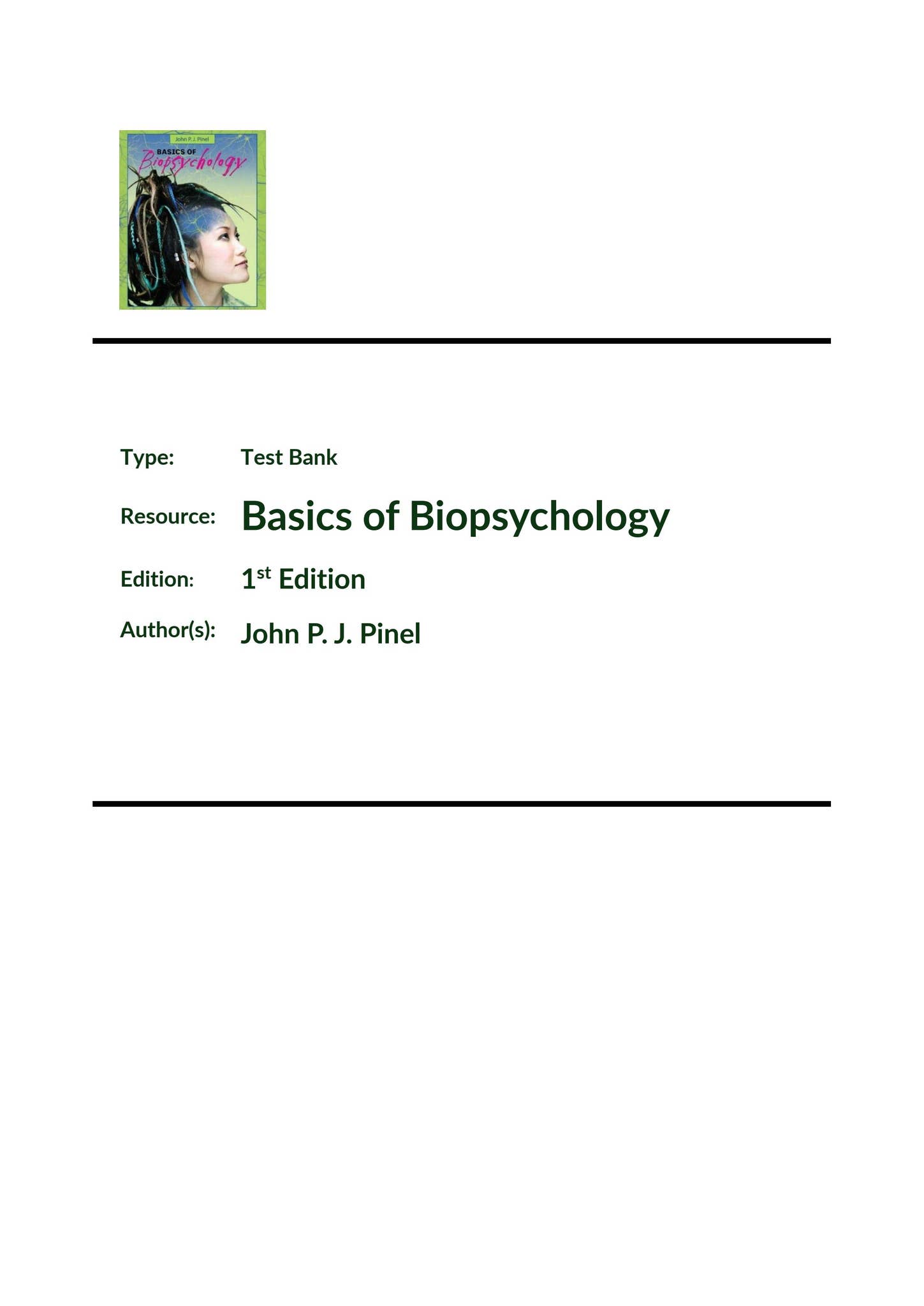 Basics of Biopsychology with MyPsychKit John PJ Pinel Test Bank by ...