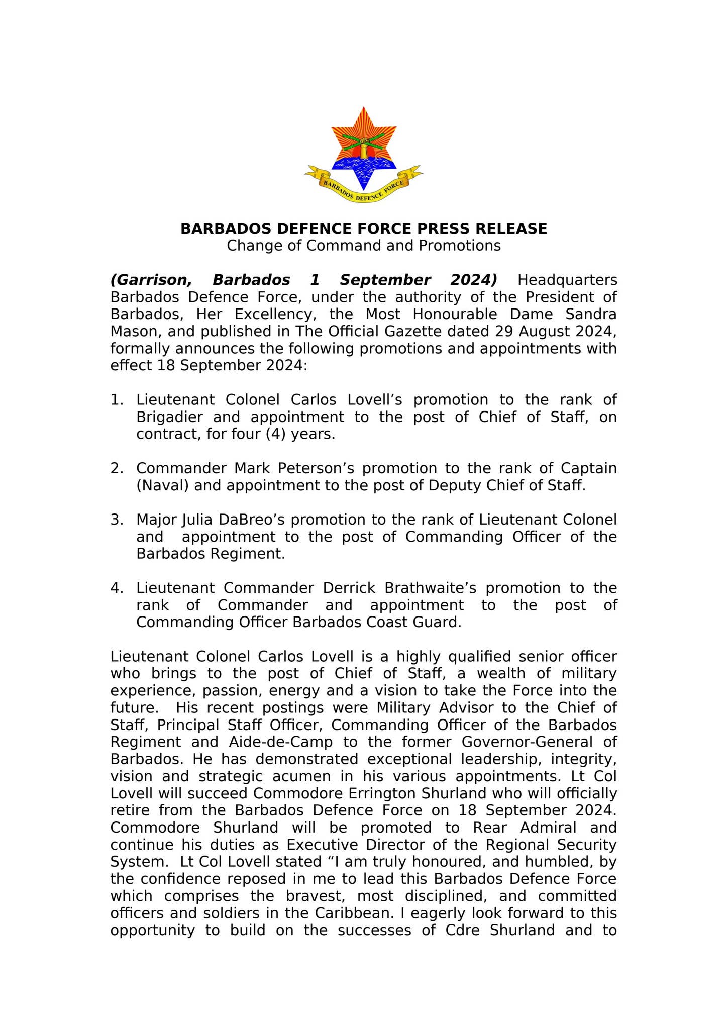 BDF Press Release - Change of Command and Promotions by ...