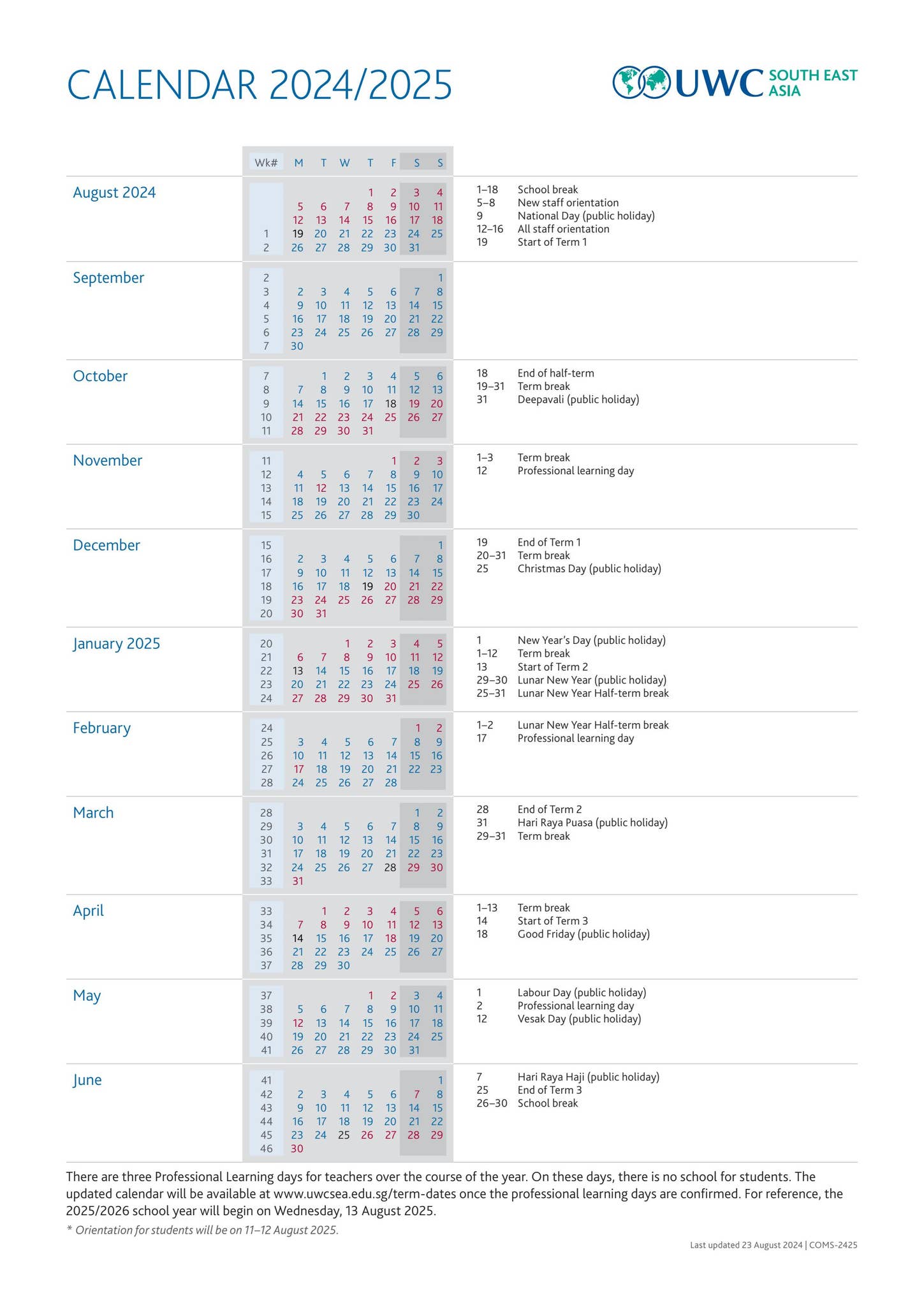 UWCSEA Term Dates Calendar 2024/2025 by uwcsea - Issuu