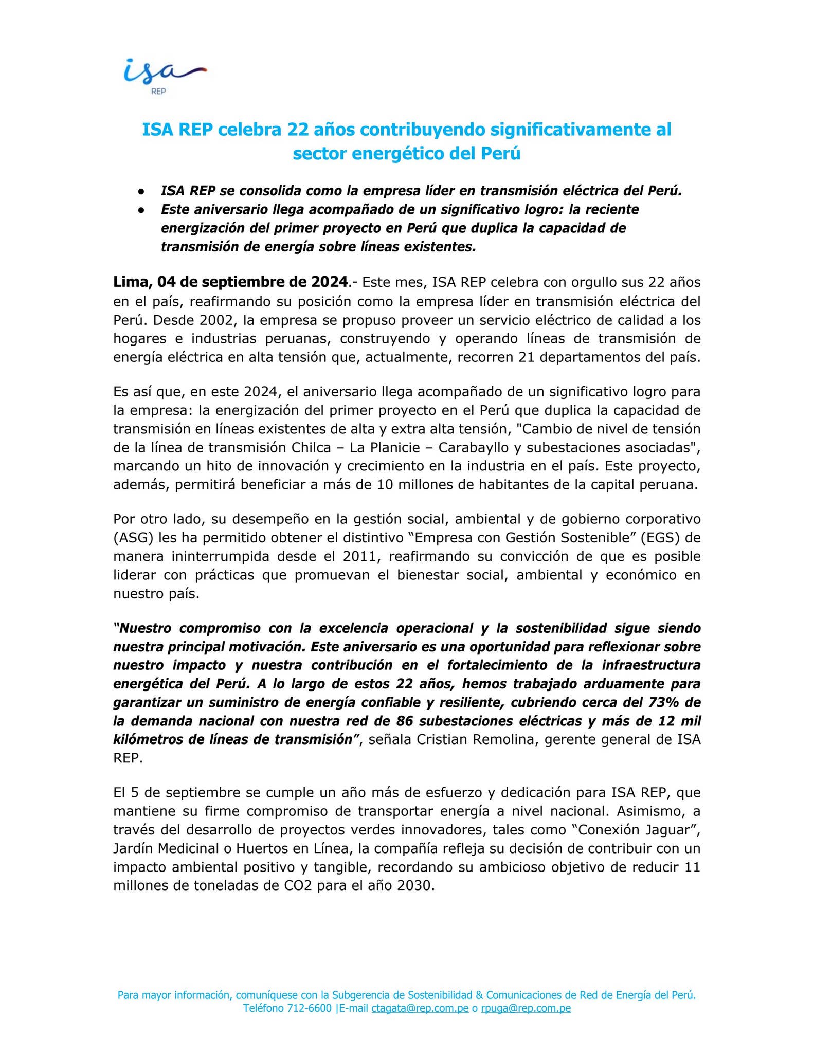 ISA REP celebra 22 años contribuyendo significativamente al sector ...