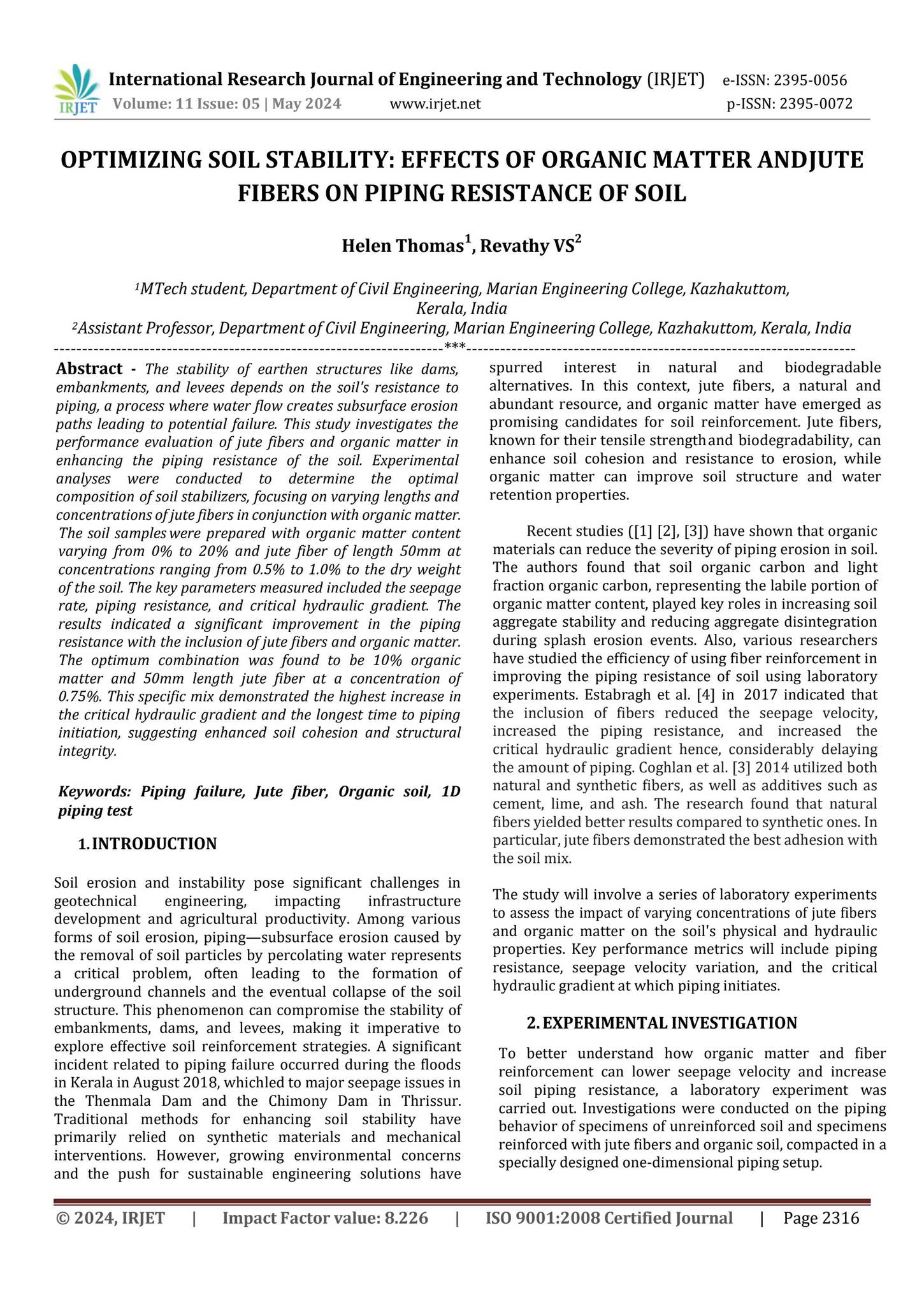 OPTIMIZING SOIL STABILITY: EFFECTS OF ORGANIC MATTER AND JUTE FIBERS ON ...