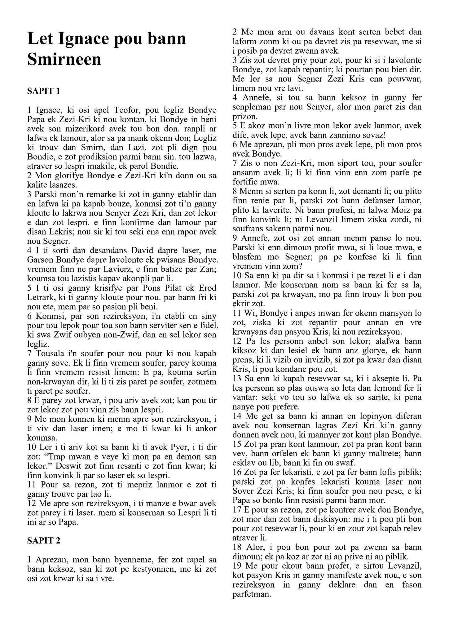 Mauritian Creole - The Epistle of Ignatius to the Smyrnaeans by ...