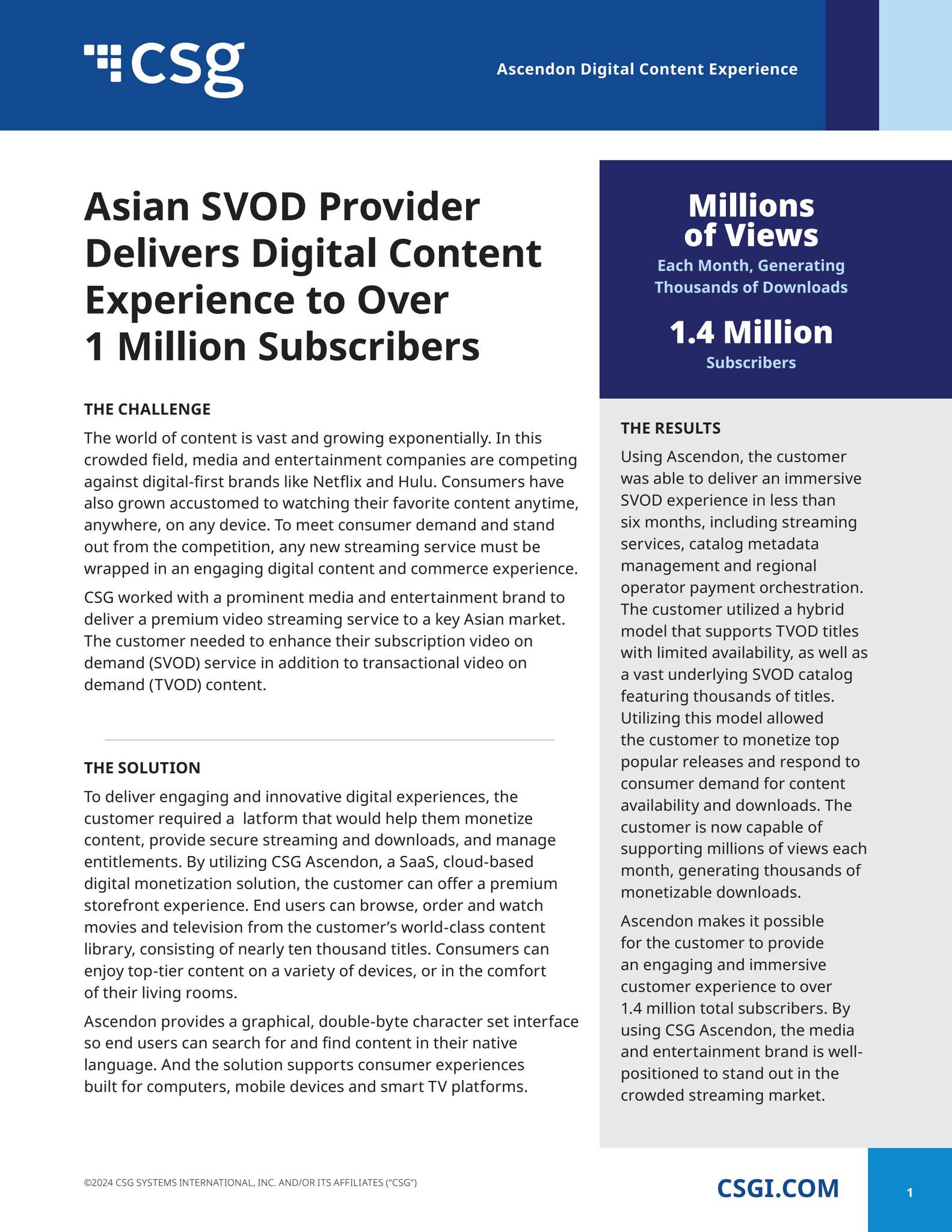 Asian SVOD Provider Delivers Digital Content Experience to Over 1 Million Subscribers by CSG ...