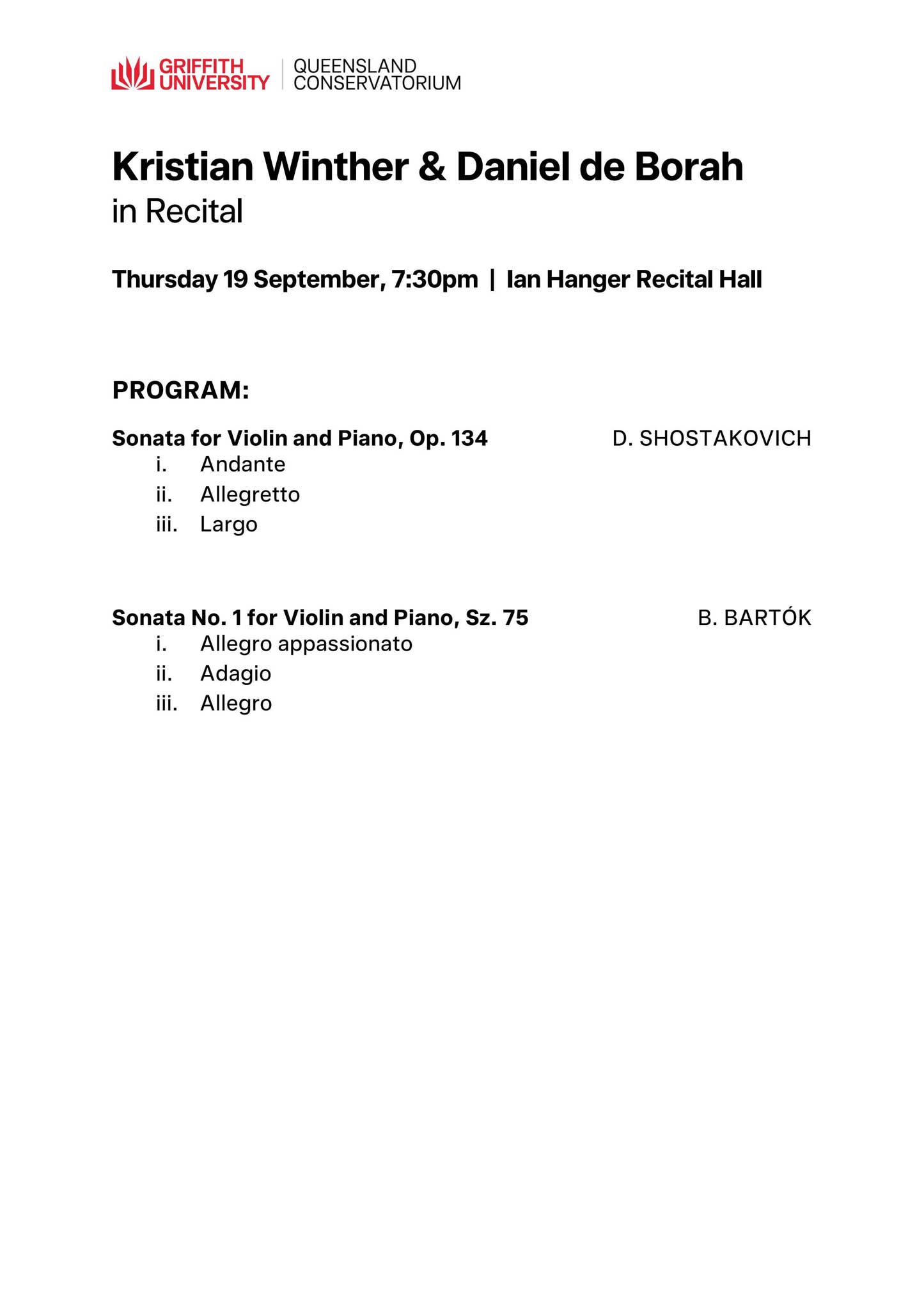 Kristian Winther & Daniel de Borah Program by Queensland Conservatorium ...